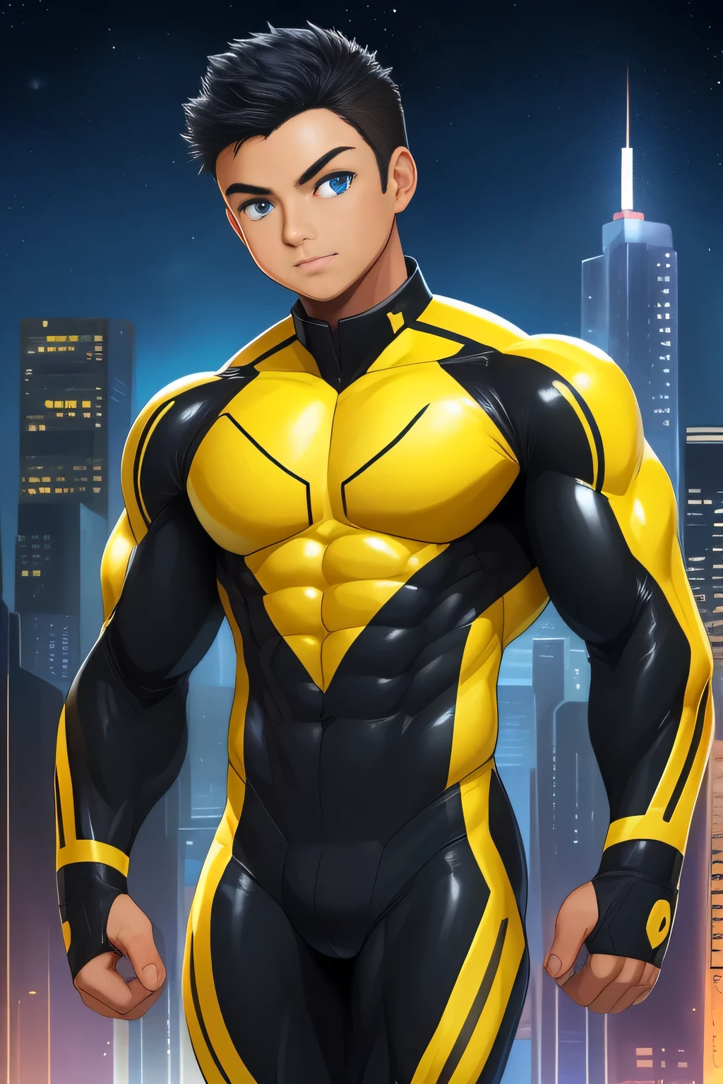 A man in a yellow and black suit standing in front of a city - SeaArt AI