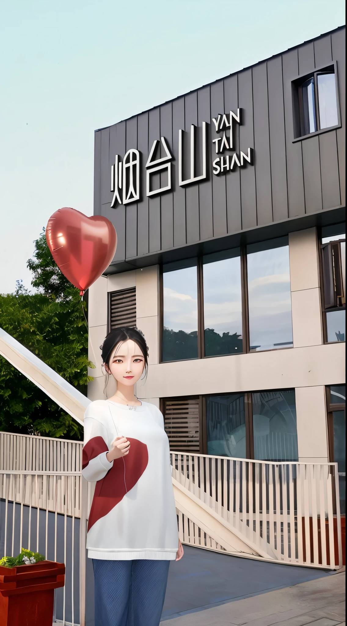 There is a woman holding a heart shaped balloon in front of a building - SeaArt AI