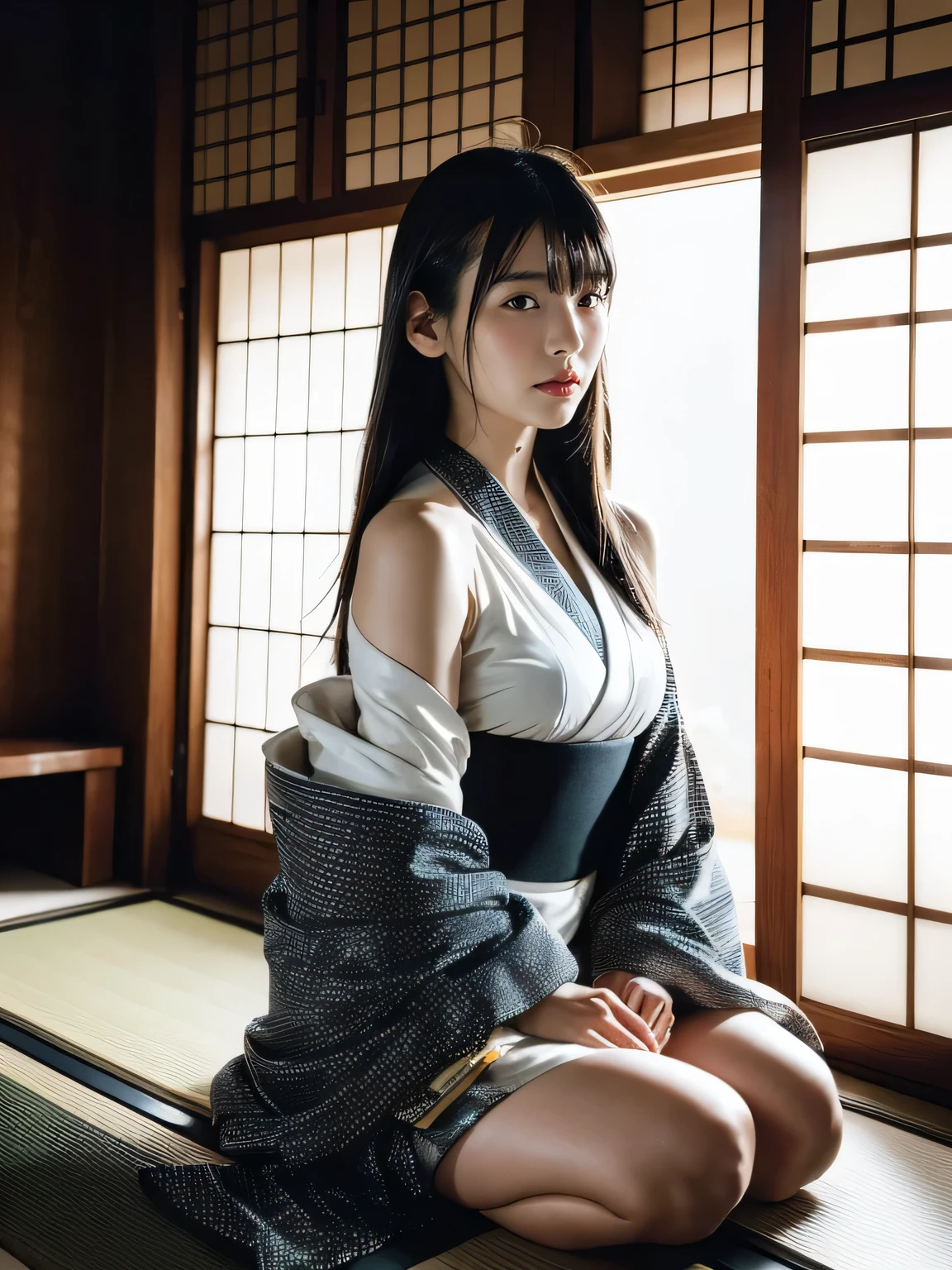 Arafed woman sitting on a mat in a room with a window - SeaArt AI