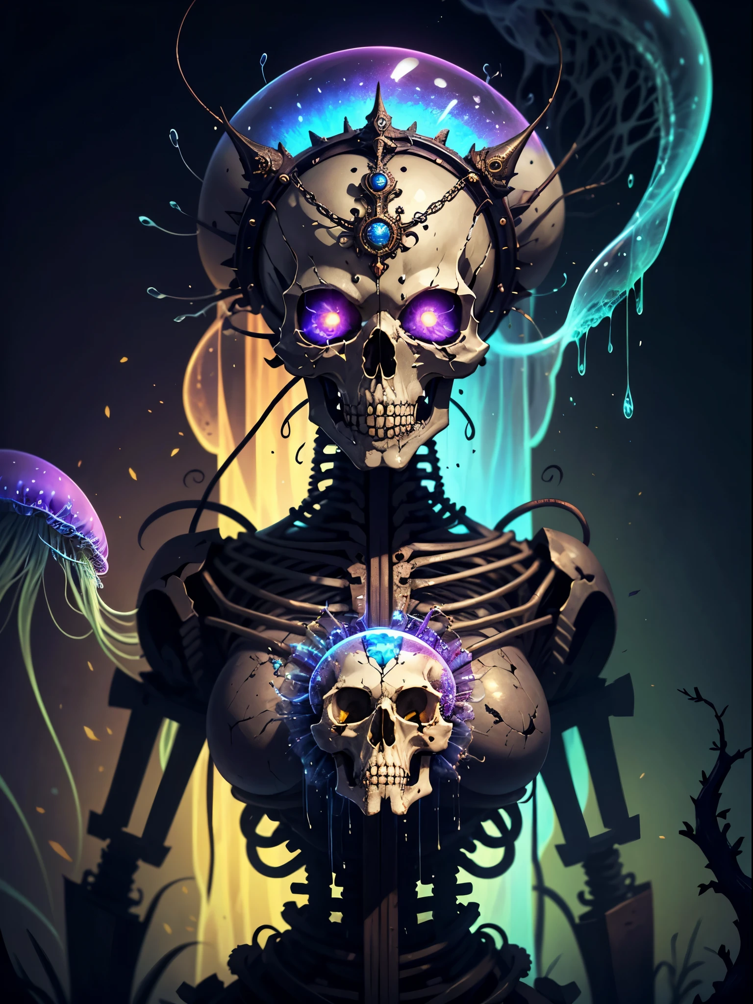 A skeleton with glowing eyes and a glowing head - SeaArt AI