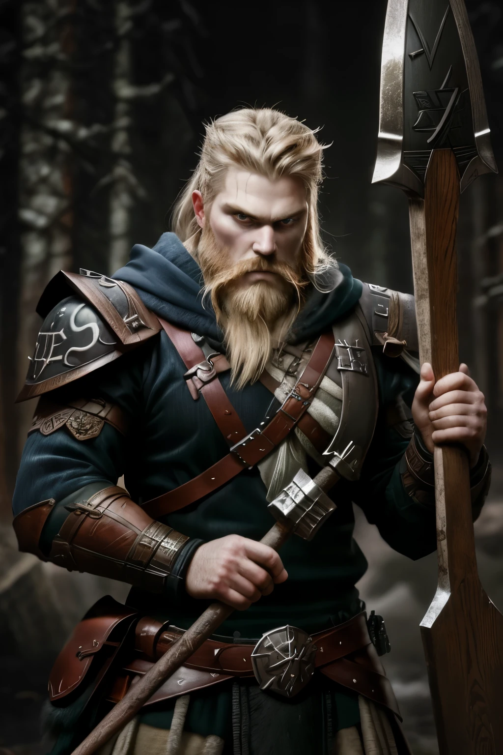 Un hombre con barba y barba larga sosteniendo un hacha grande - SeaArt AI