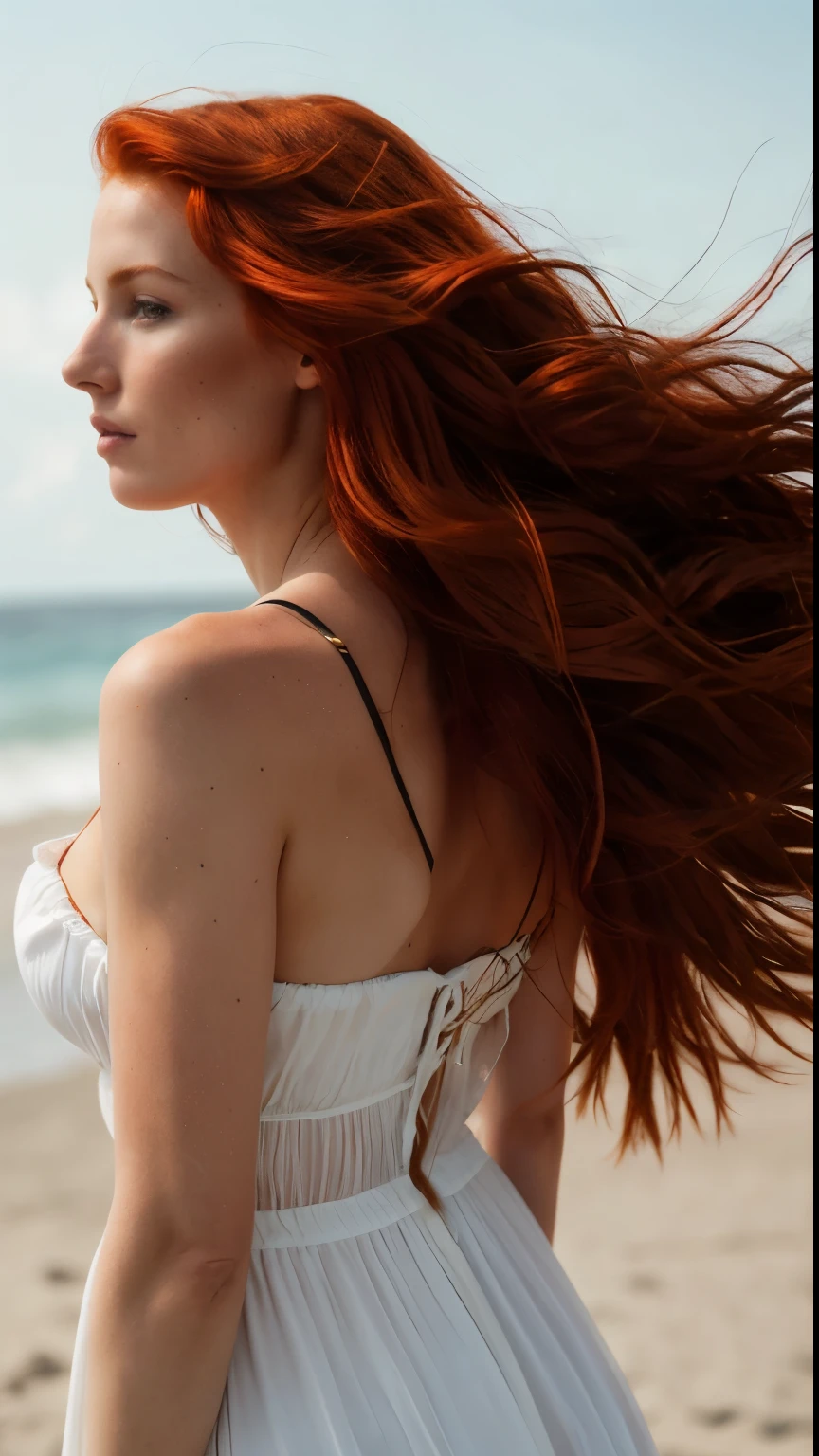 Arafed woman with red hair standing on a beach near the ocean - SeaArt AI