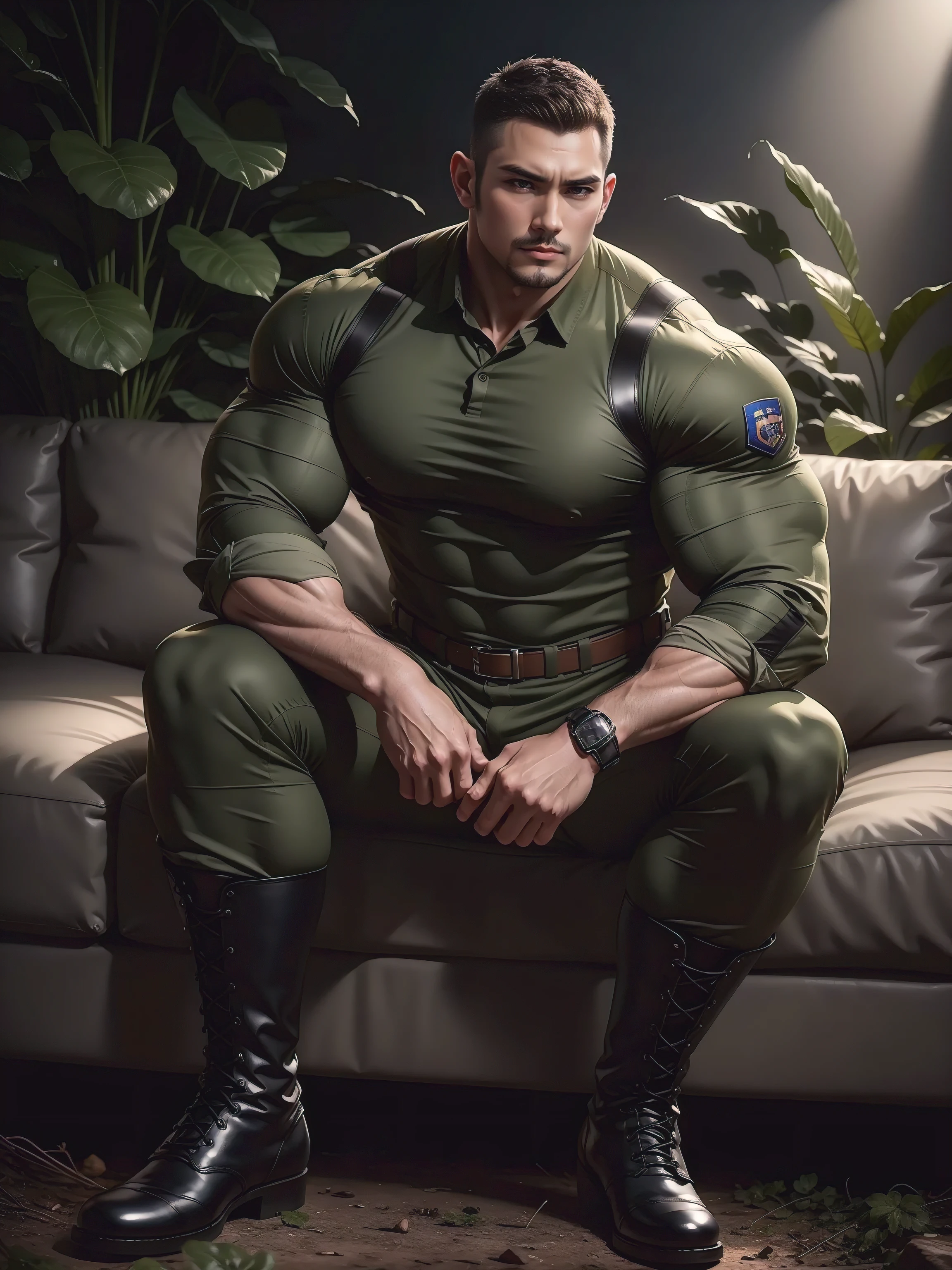 A man in a military uniform sitting on a couch - SeaArt AI