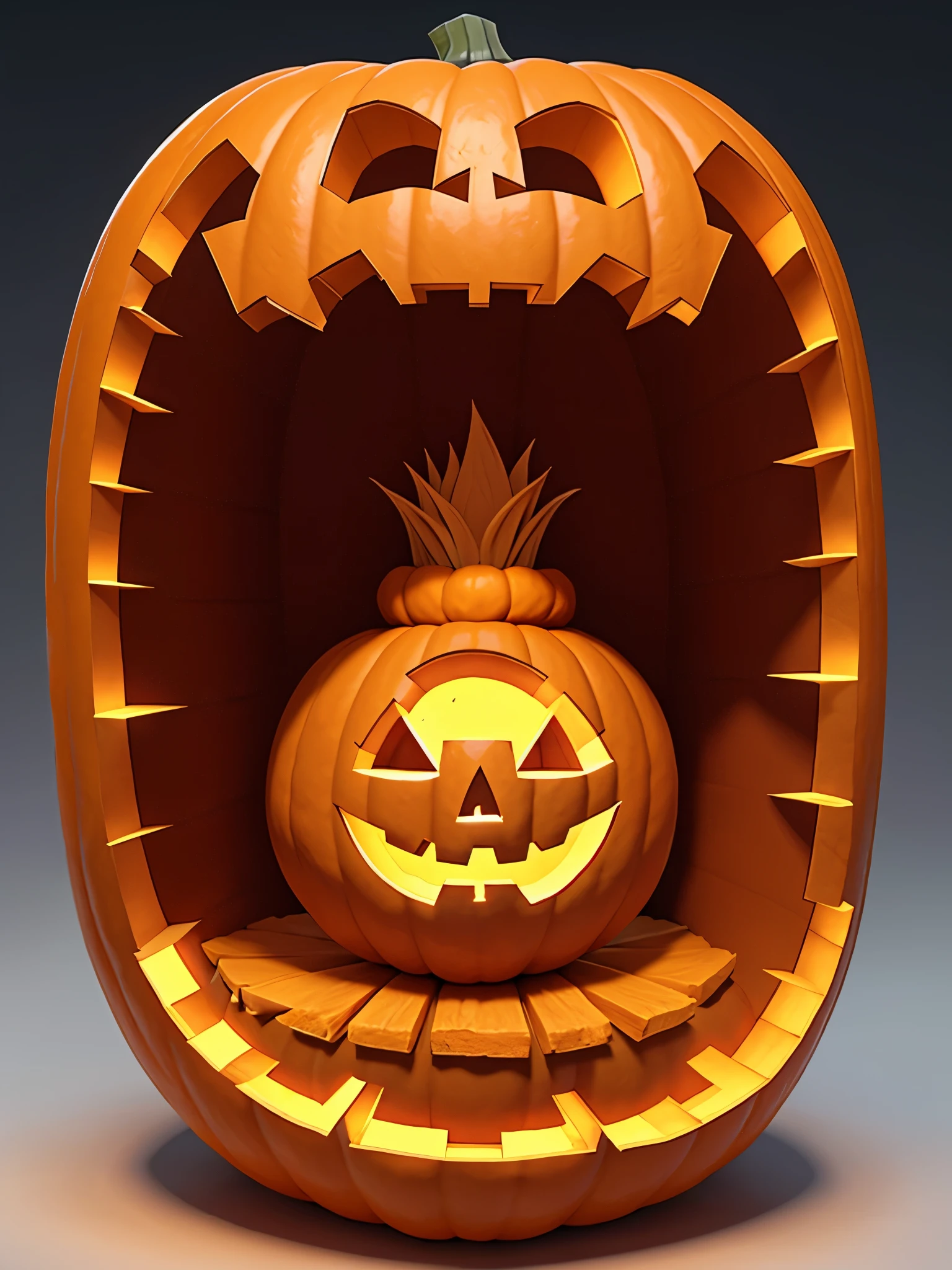 A close up of a carved pumpkin with a carved face - SeaArt AI