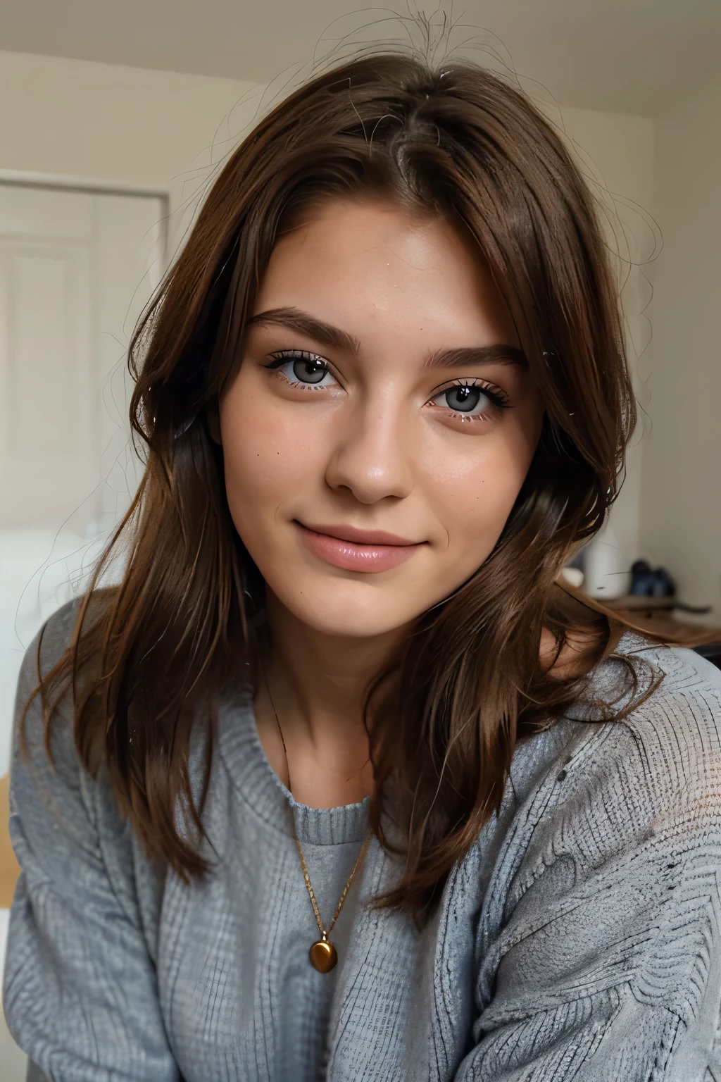 Arafed woman with long brown hair and blue sweater posing for a picture - SeaArt AI