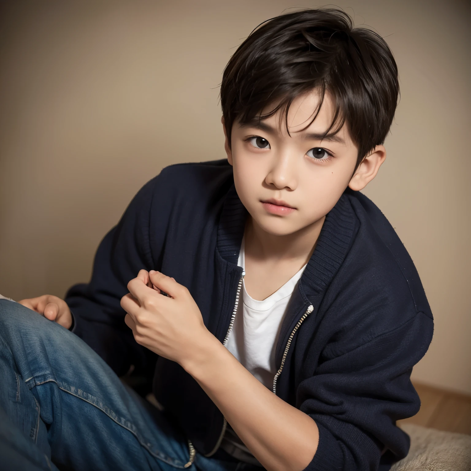 Arafed boy sitting on the floor with his hands on his lap - SeaArt AI