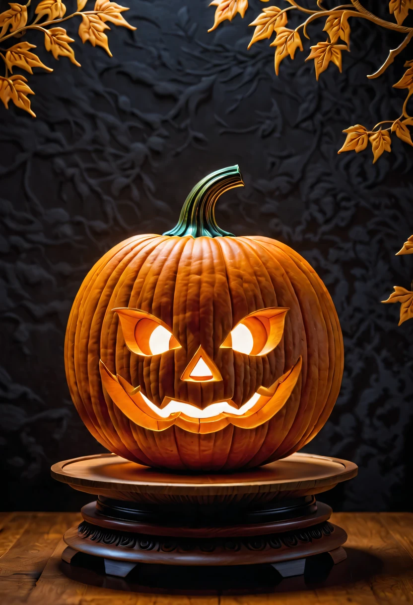 A close up of a carved pumpkin on a wooden table - SeaArt AI