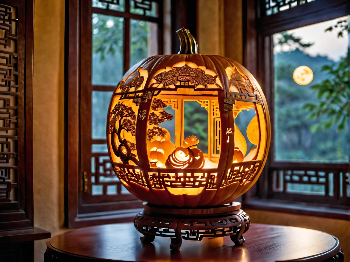 A close up of a carved pumpkin on a table with a window in the ...