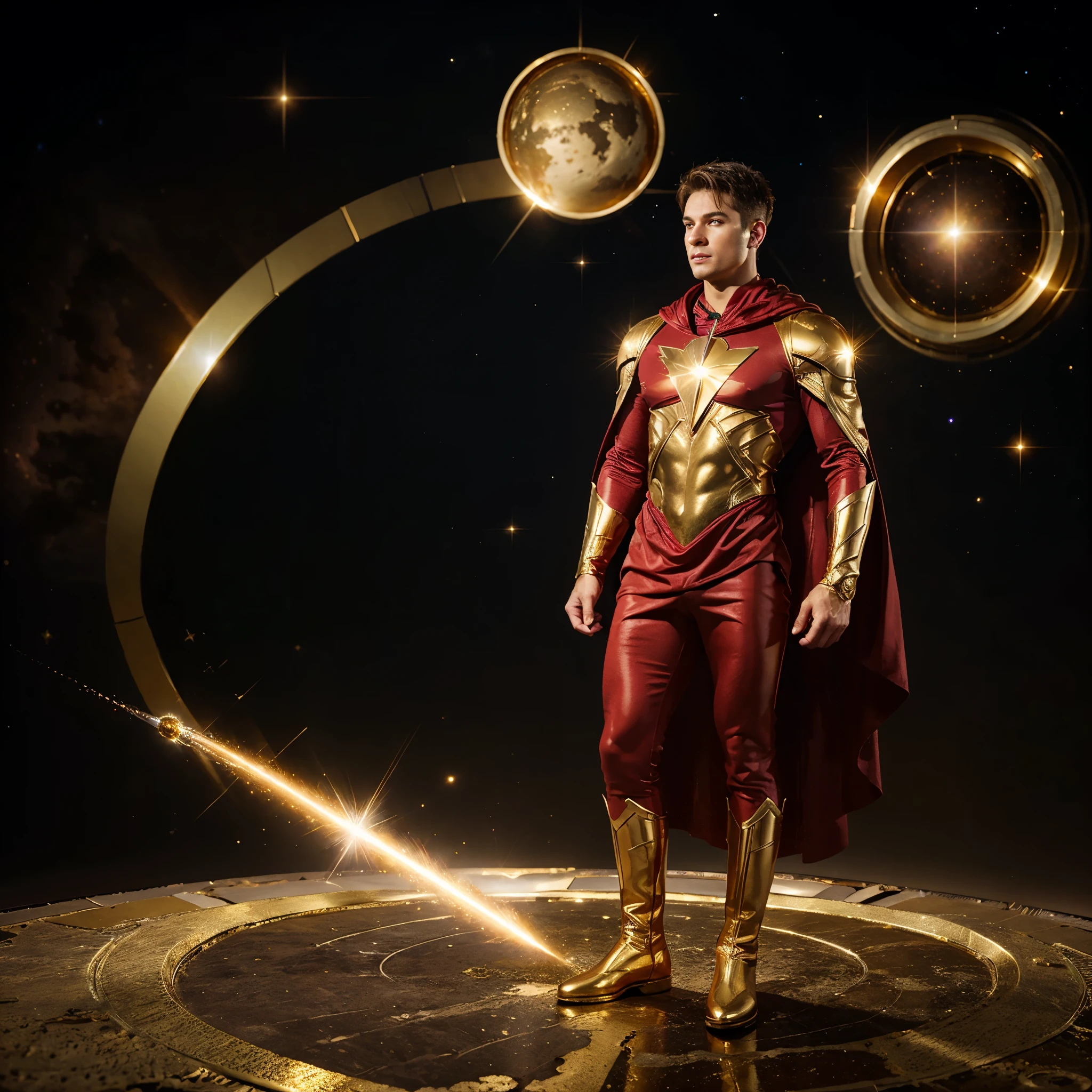 Arafed man in a red suit standing in front of a circular object - SeaArt AI