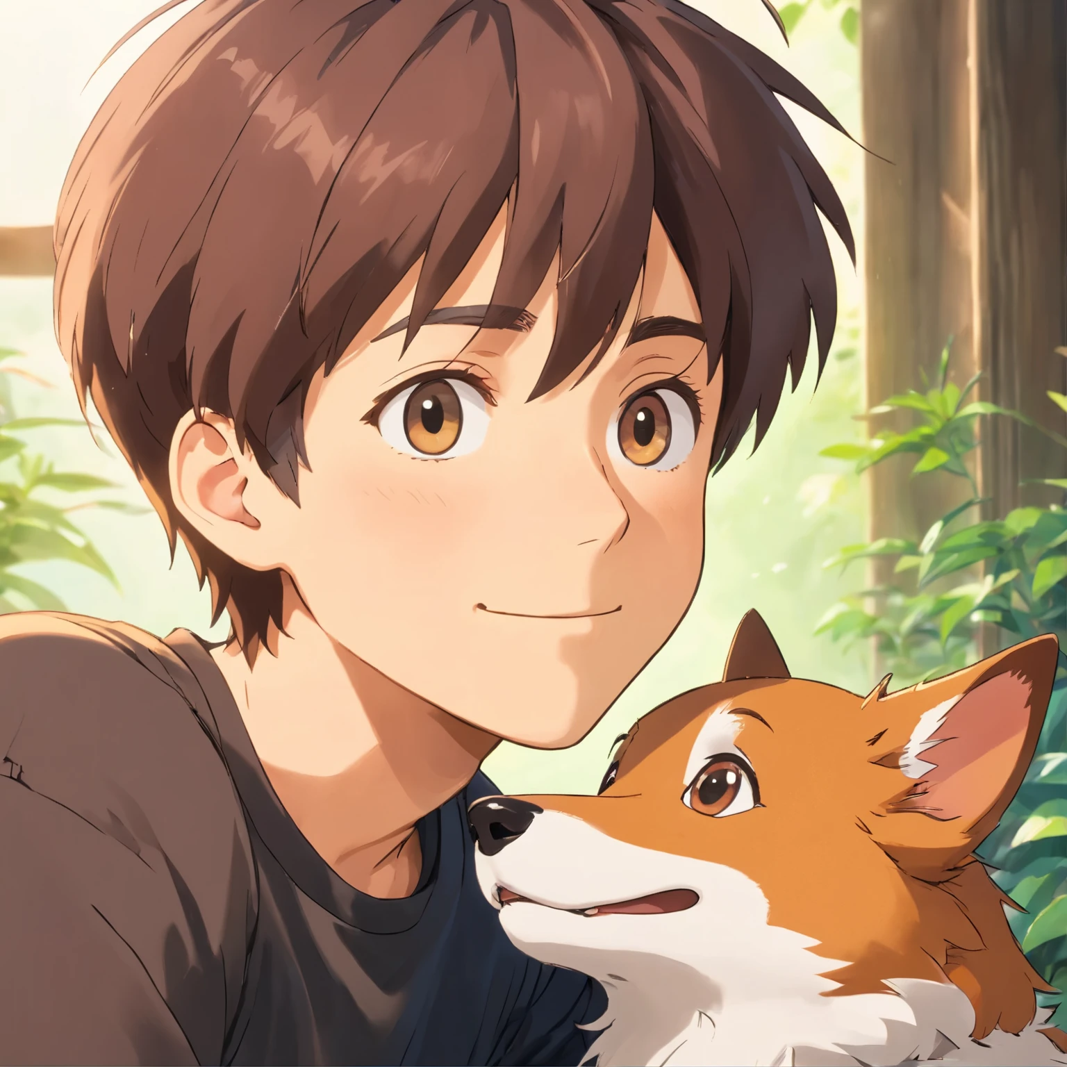 Anime boy with brown hair and brown eyes holding a brown and white dog ...