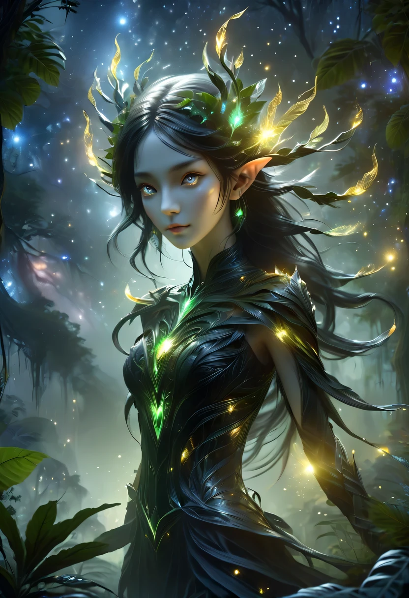 A woman with a green headpiece and a black dress in the woods - SeaArt AI