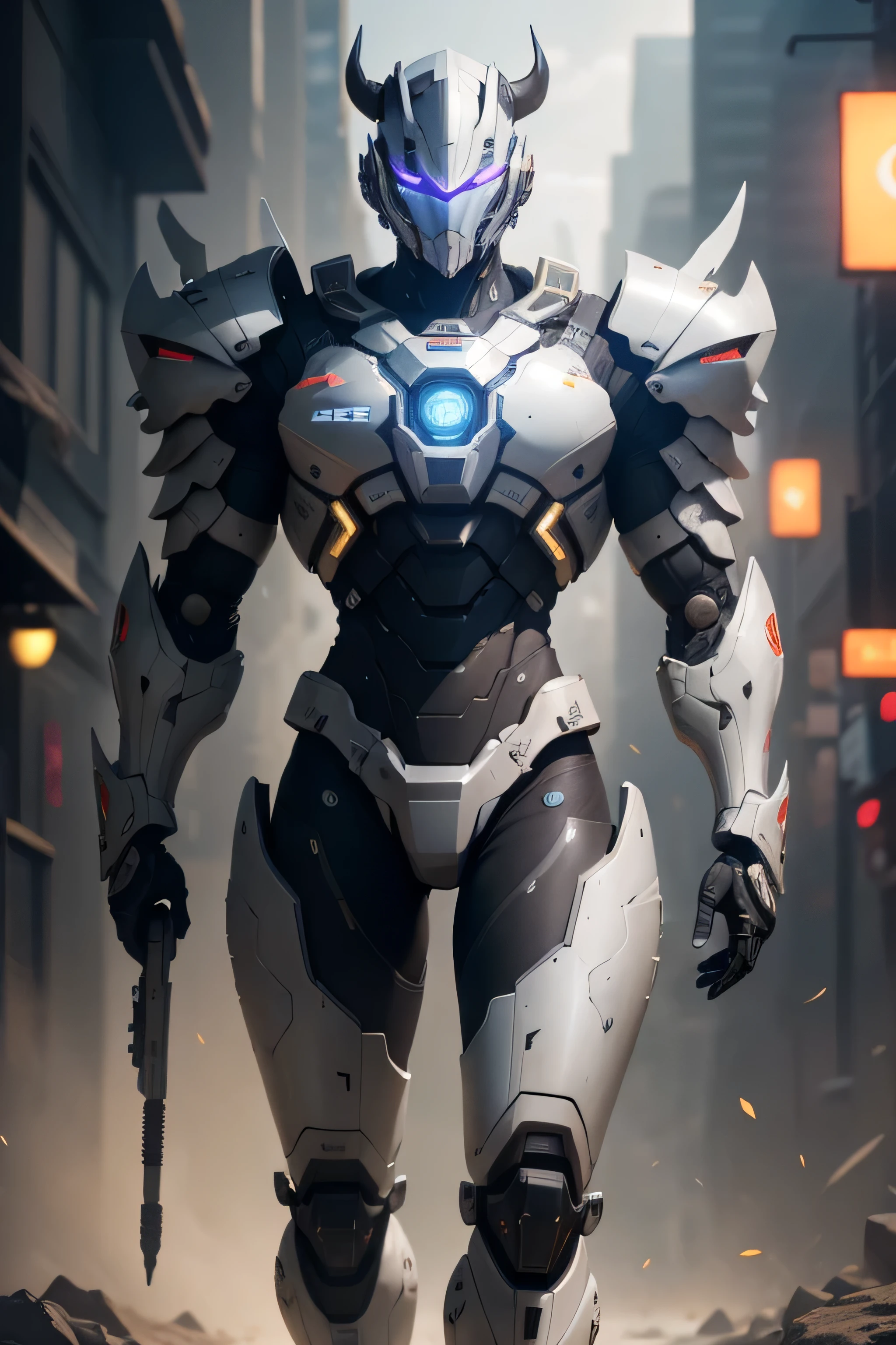 A close up of a robot with a sword in a city - SeaArt AI