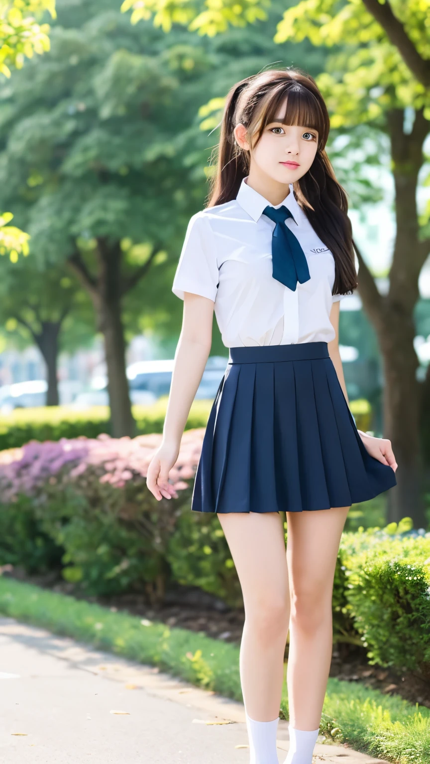 Arafed asian woman in a school uniform walking down a sidewalk - SeaArt AI