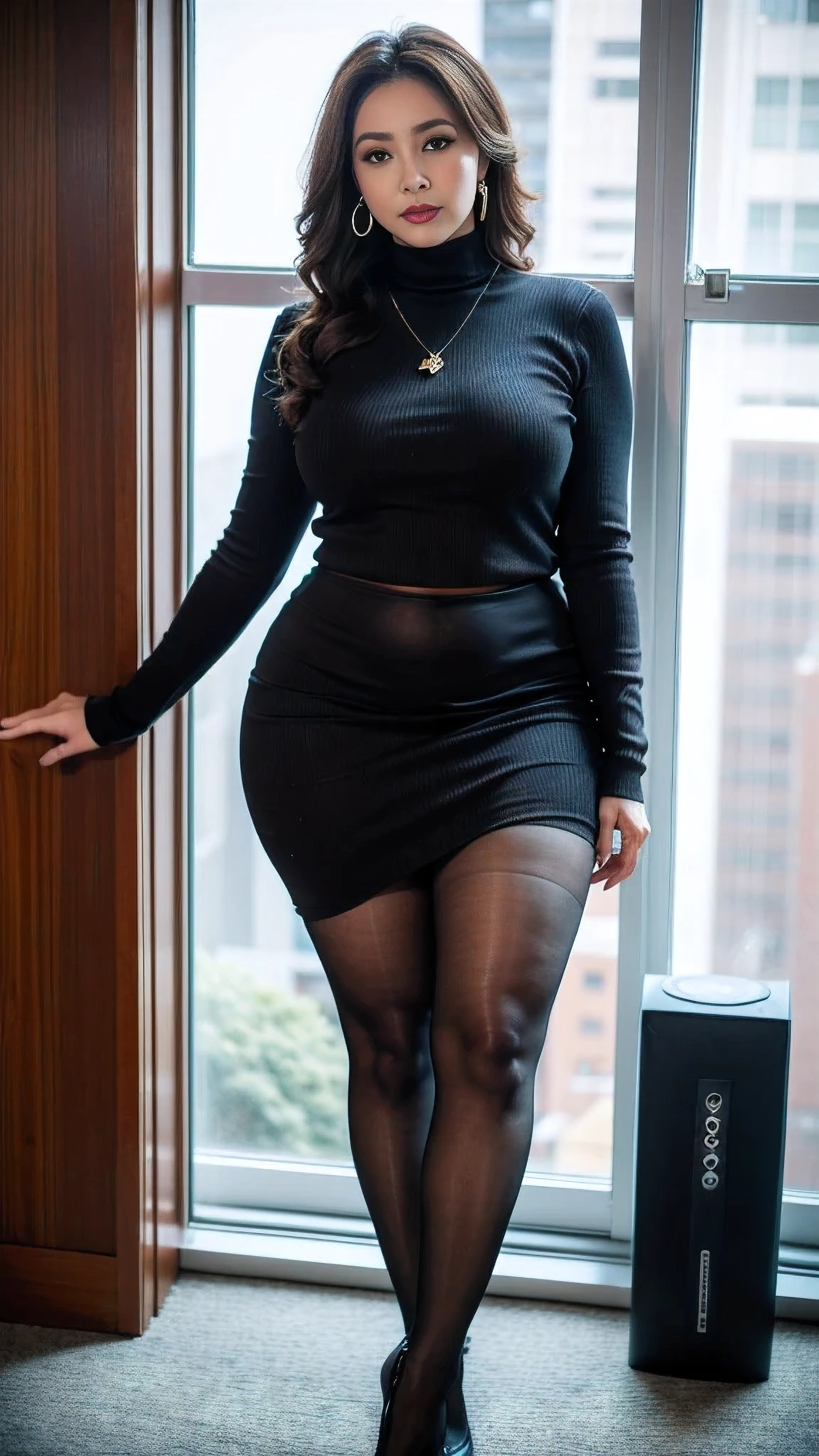 A woman in a black dress and high heels posing by a window - SeaArt AI