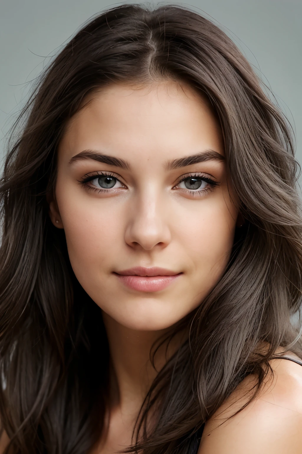 Un primer plano de una mujer con cabello largo y un top negro - SeaArt AI