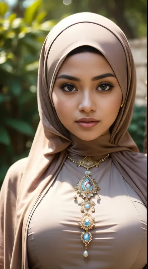 golden bellydancer, cleavage, beautiful teen javanese girl with hijab and few soft freckles ...