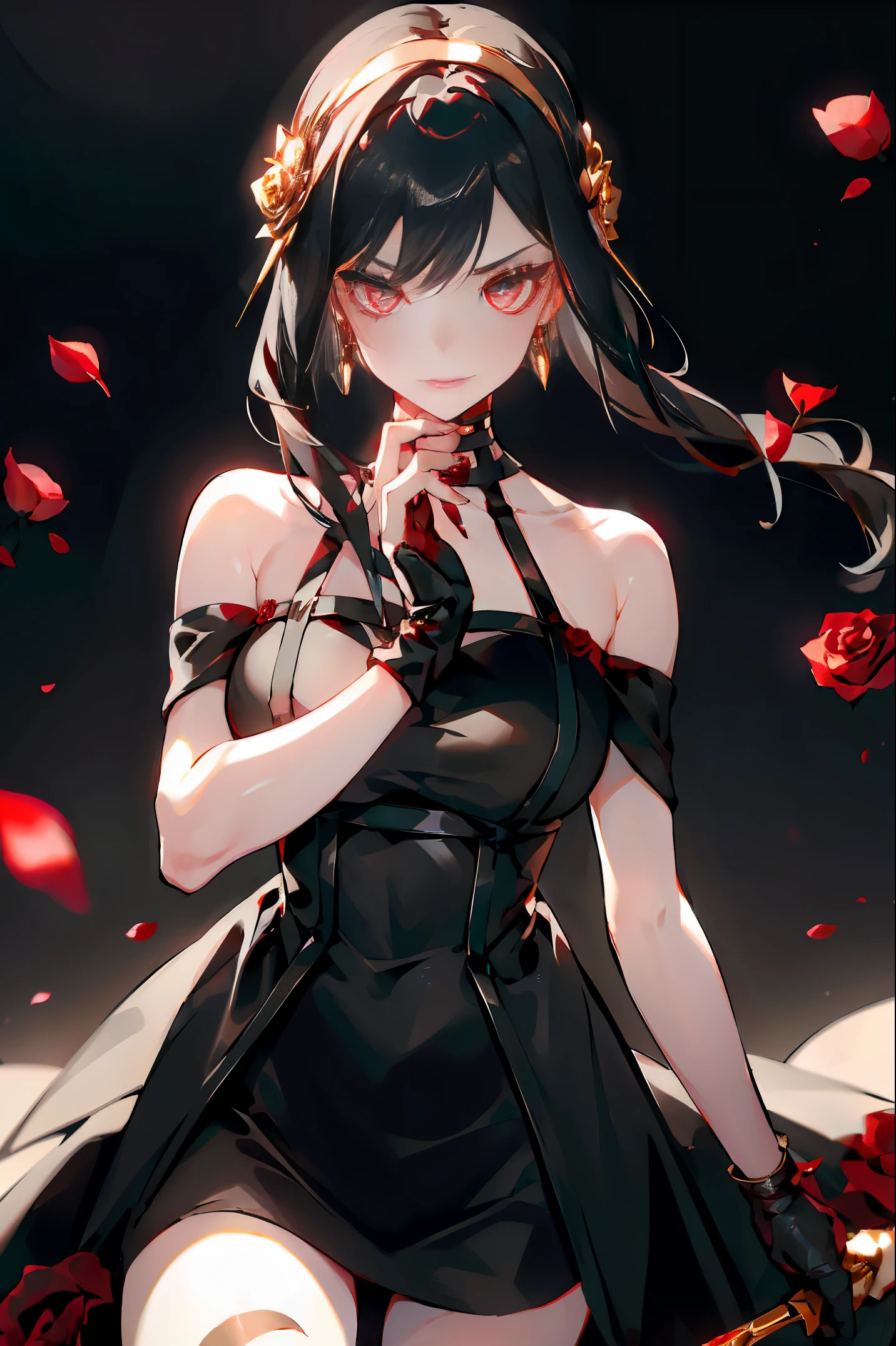 1girl, backlighting, bare shoulders, black background, black dress - SeaArt AI