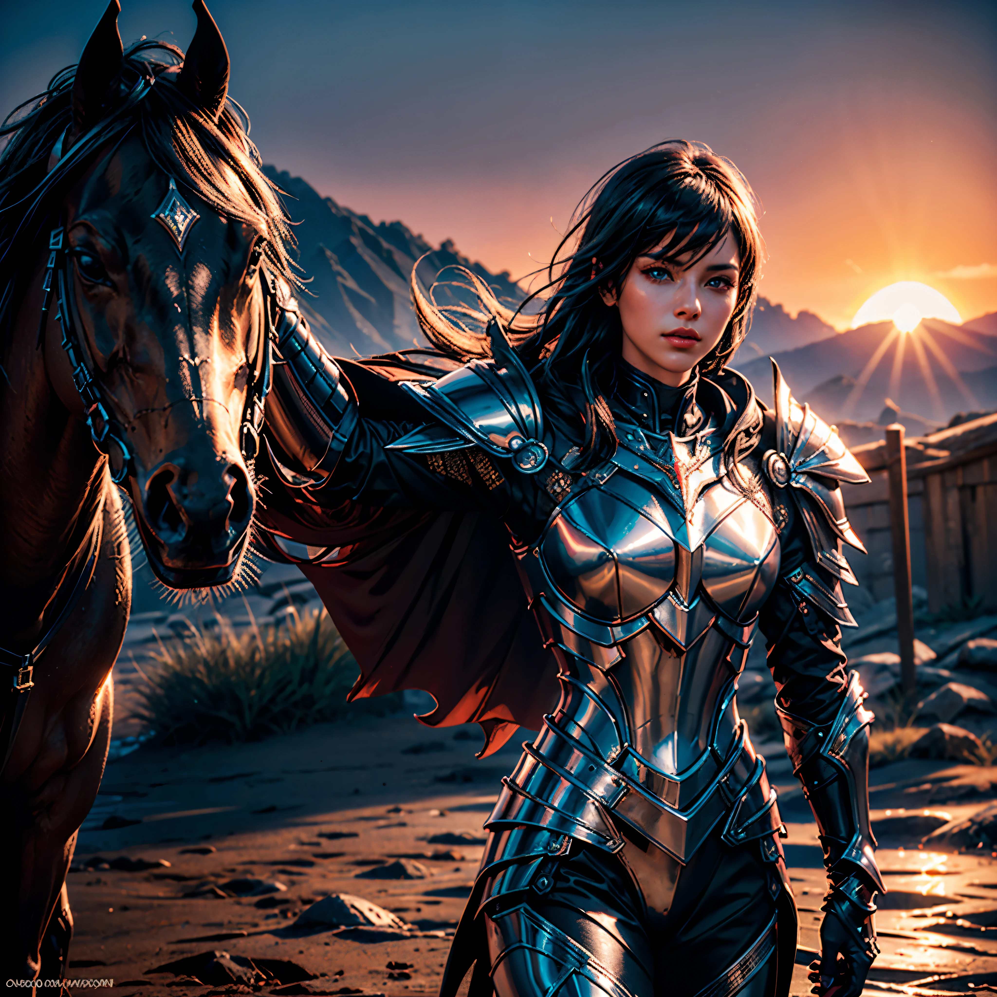 A close up of a woman in armor walking next to a horse - SeaArt AI