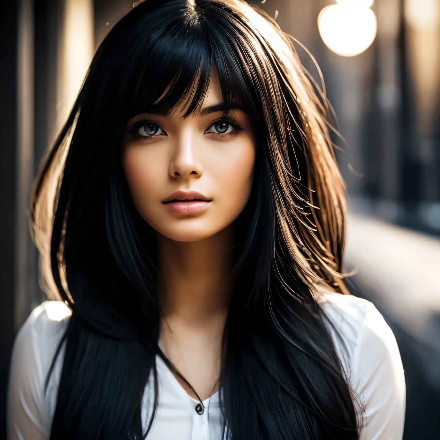 Un primer plano de una mujer con cabello largo y negro y una camisa blanca - SeaArt AI