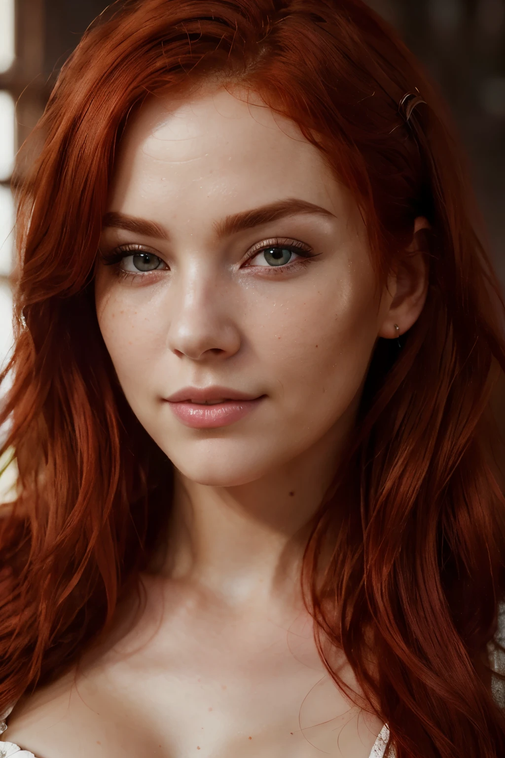 A close up of a woman with red hair and a white dress - SeaArt AI