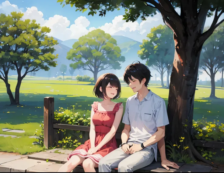 A couple (1male, 1female), sit under the tree, laugh, romantic ...