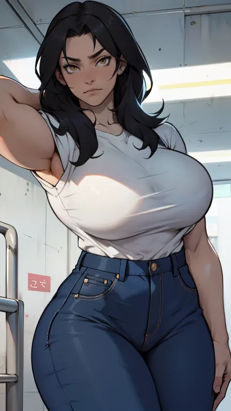 1 girl, big breasts, black hair, cropped top, jeans shorts - SeaArt AI
