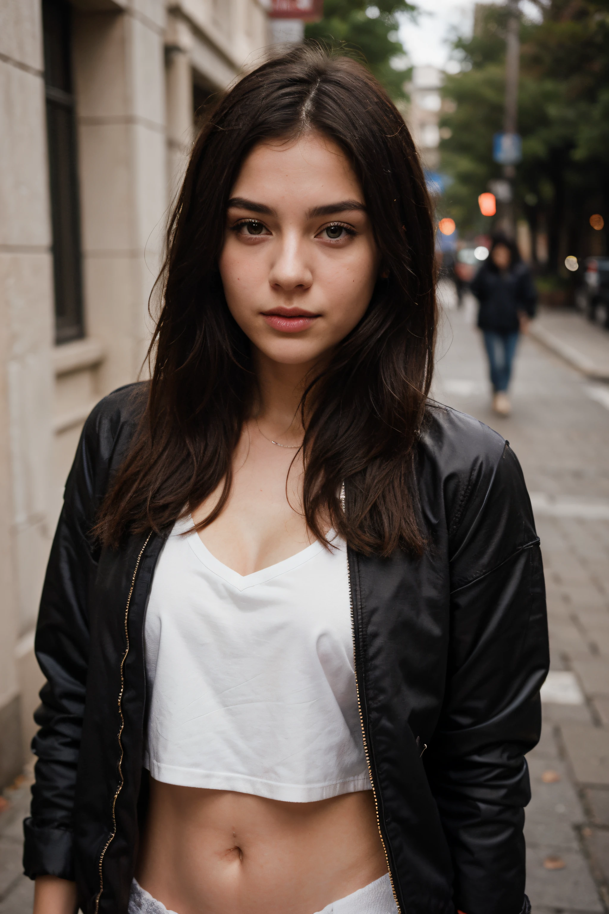 Arafed woman in a white shirt and black jacket standing on a sidewalk - SeaArt AI