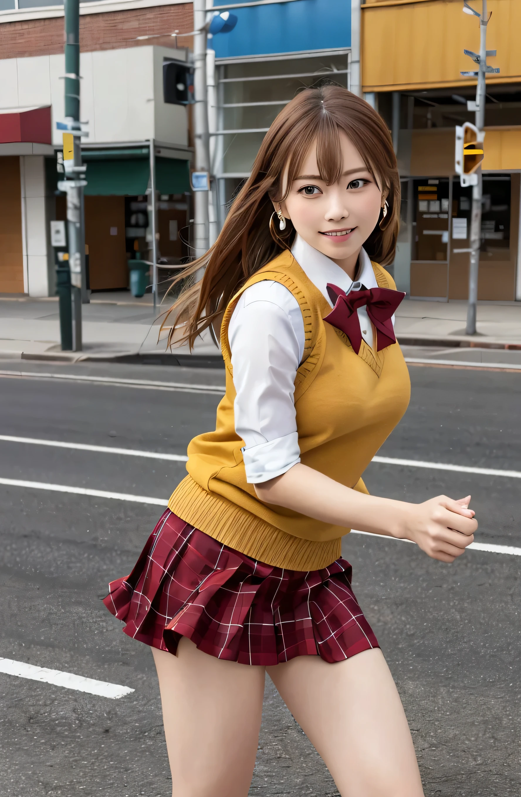 Arafed asian woman in a school uniform is walking down the street - SeaArt AI