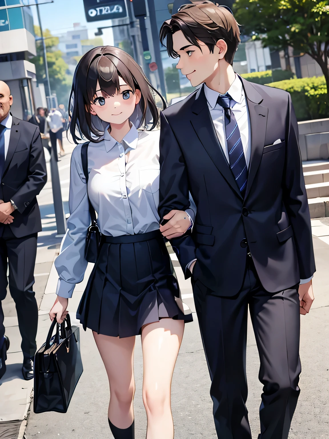 Anime characters walking down a street with a woman in a skirt - SeaArt AI