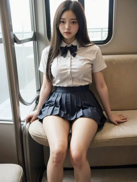 arafed asian woman in a short skirt and bow tie sitting on a train, cute schoolgirl, japanese ...
