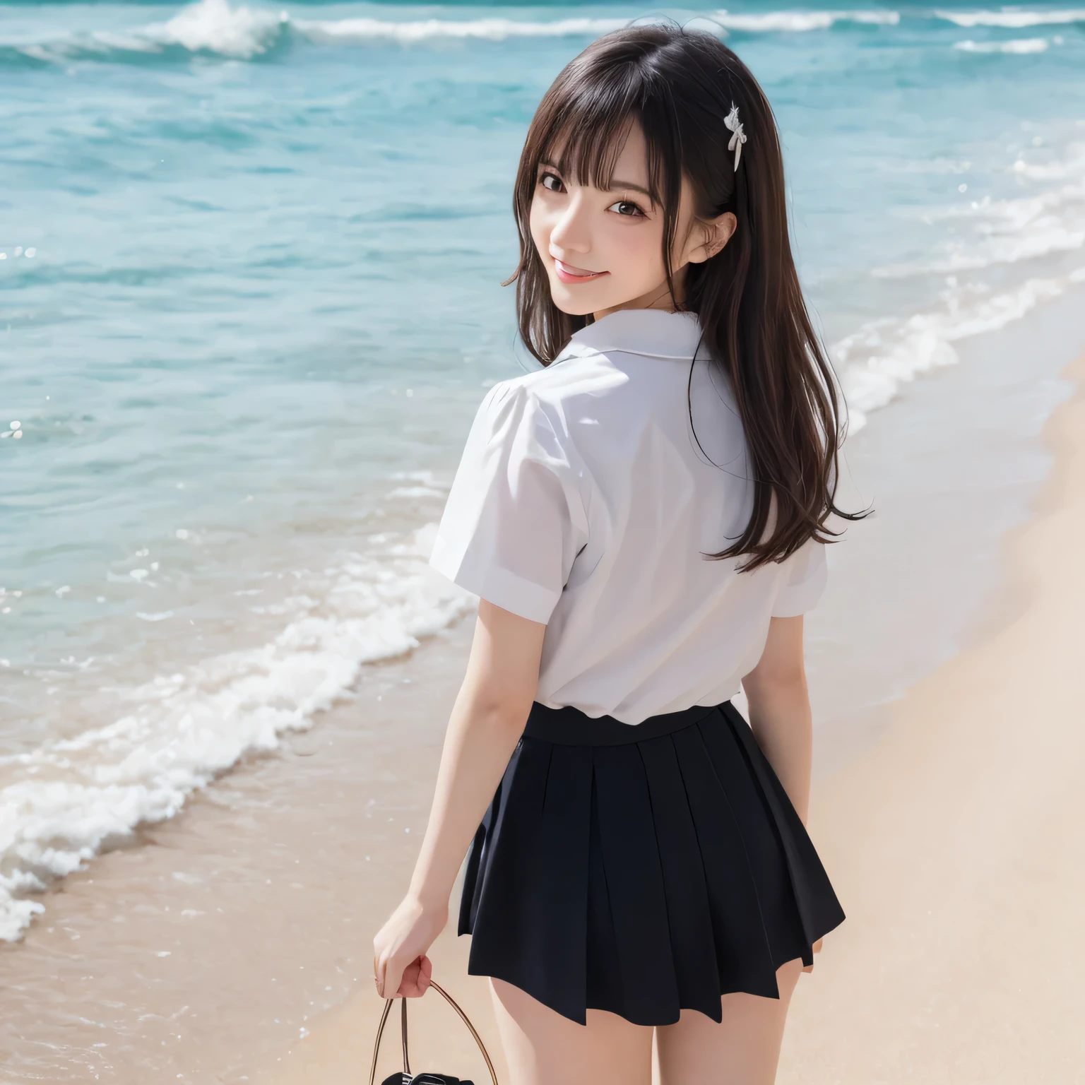 Arafed asian woman in a white shirt and black skirt on the beach - SeaArt AI