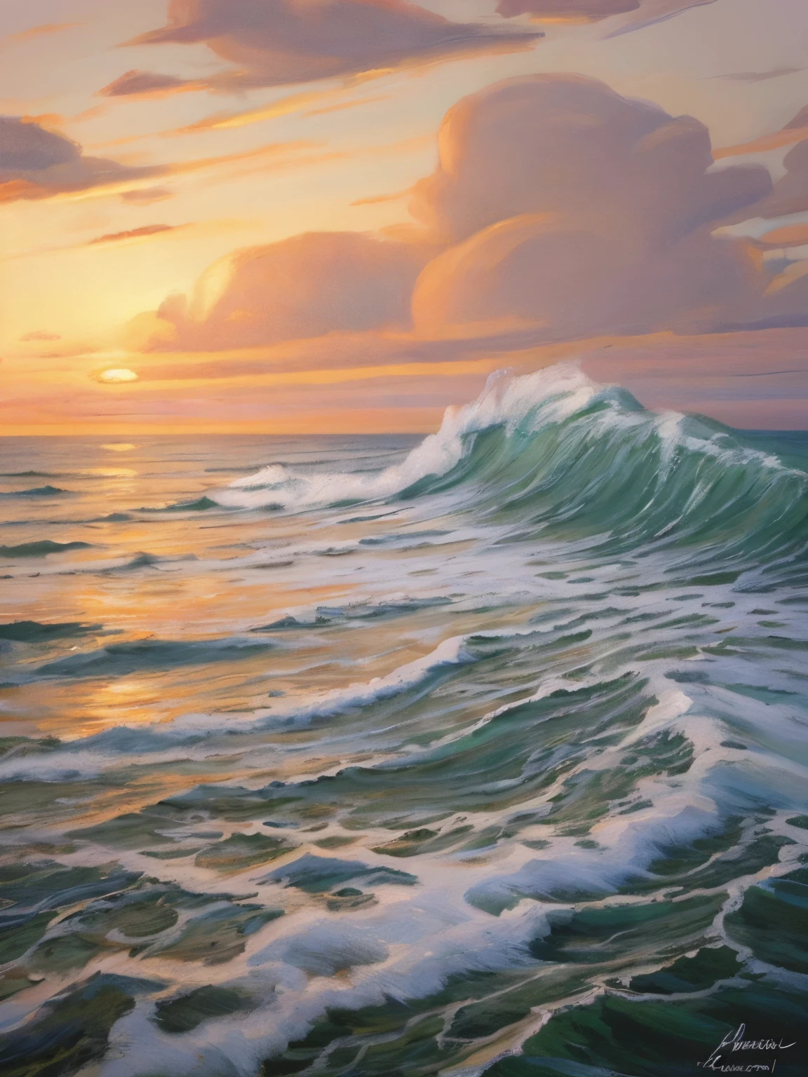 Painting of a sunset over the ocean with waves - SeaArt AI