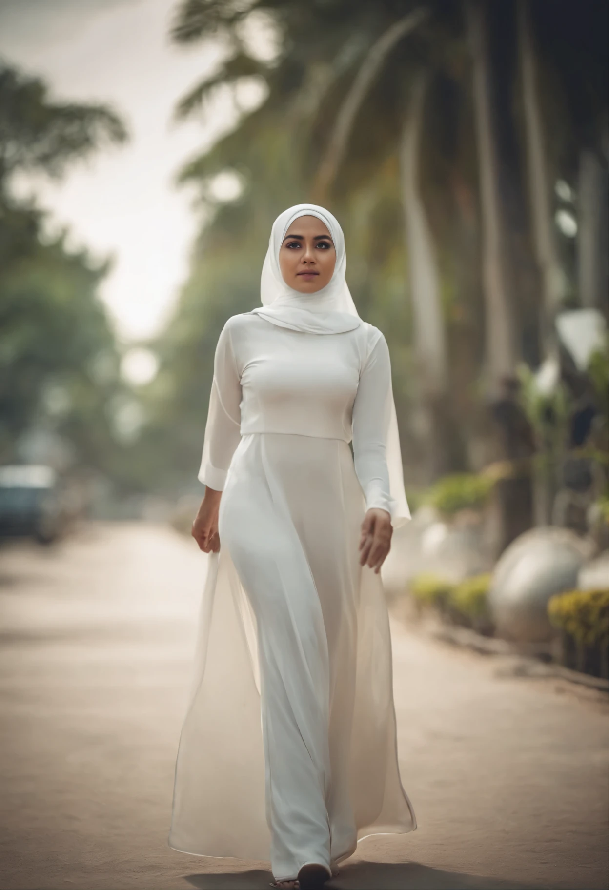 Araffe wearing a white dress and a white shawl walking down a street - SeaArt AI