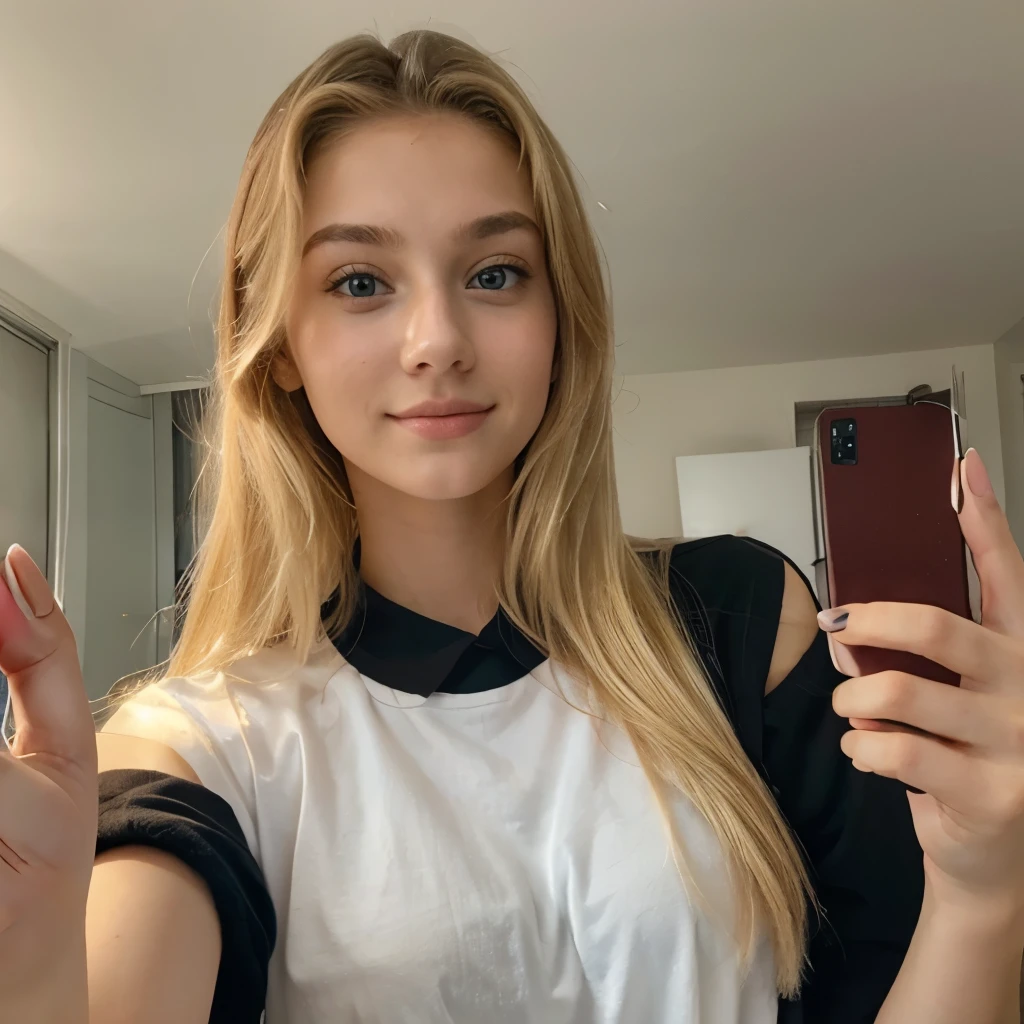 Beautiful beautiful blonde girl 20 years old taking a selfie with one hand and with the other ...
