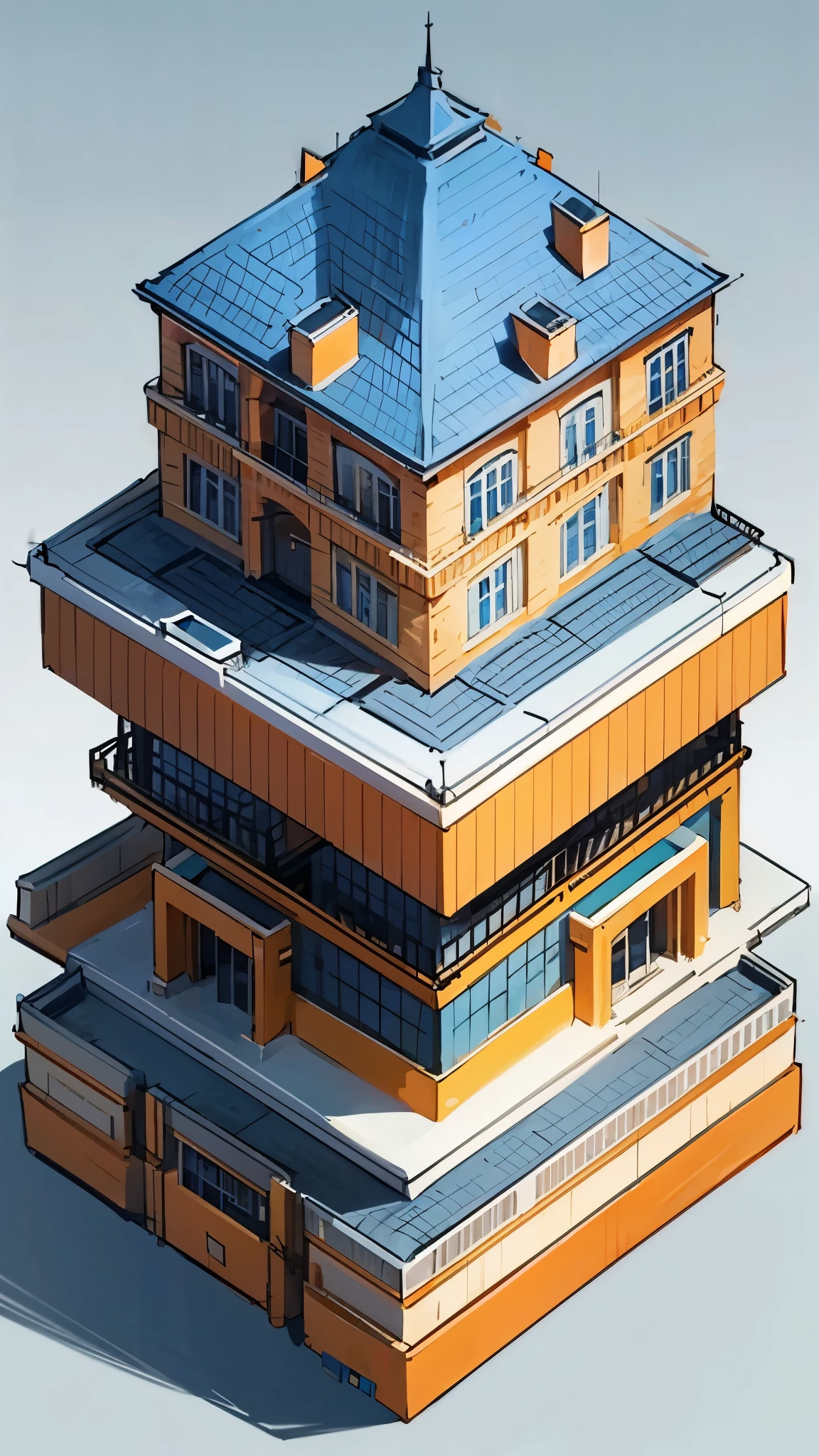 A close up of a building with a blue roof and a clock on top - SeaArt AI