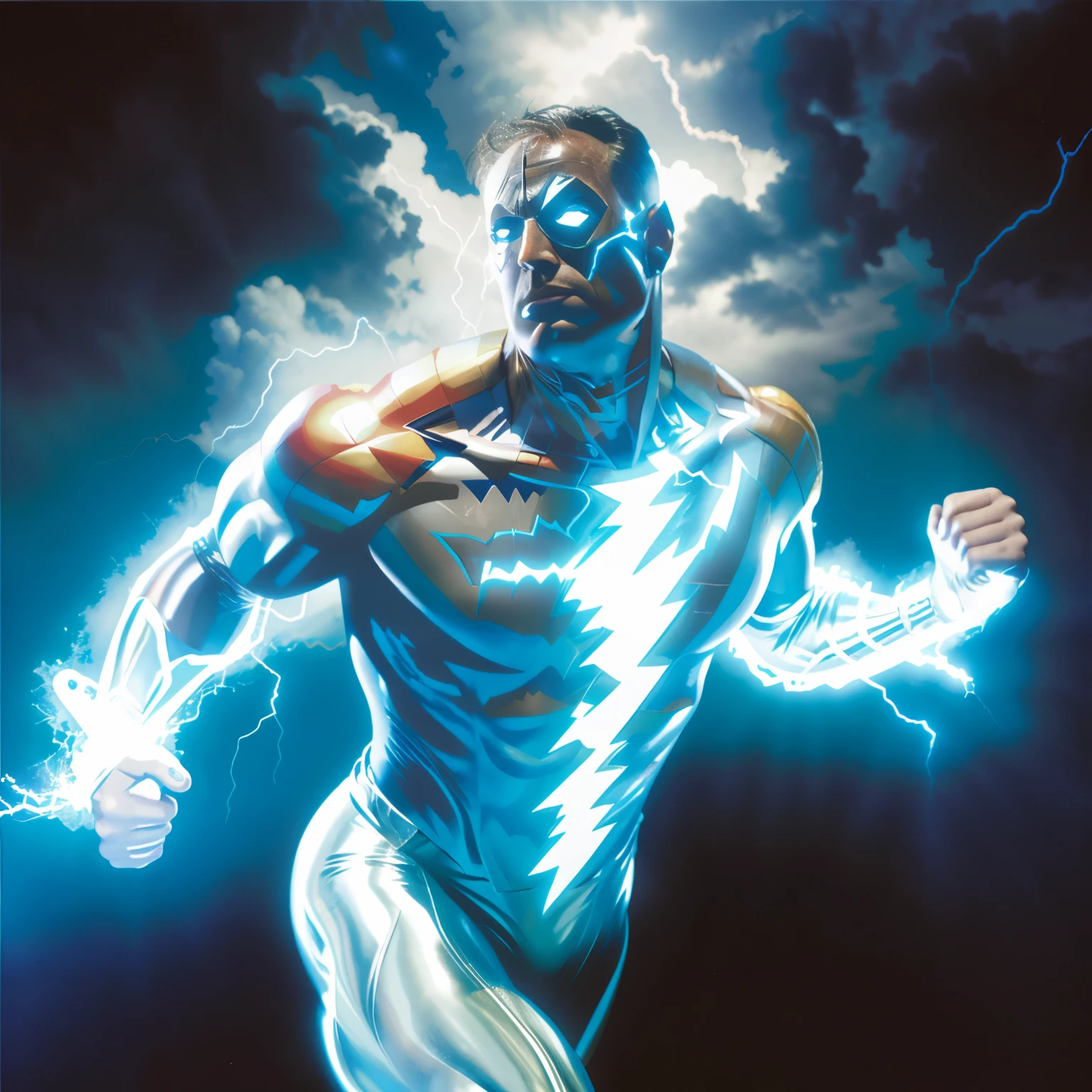 A man in a blue suit is running with lightning - SeaArt AI