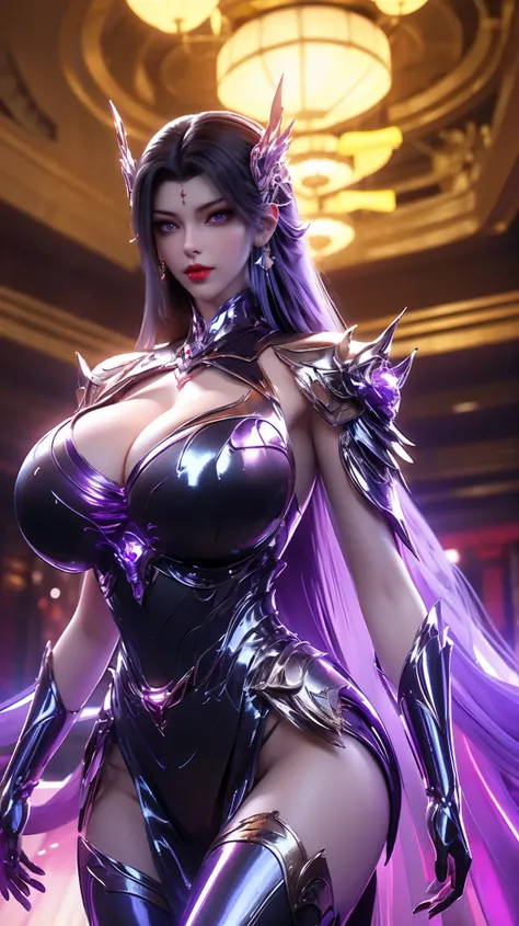a close up of a woman in a purple outfit posing, wlop and artgerm, 8k high quality detailed art ...