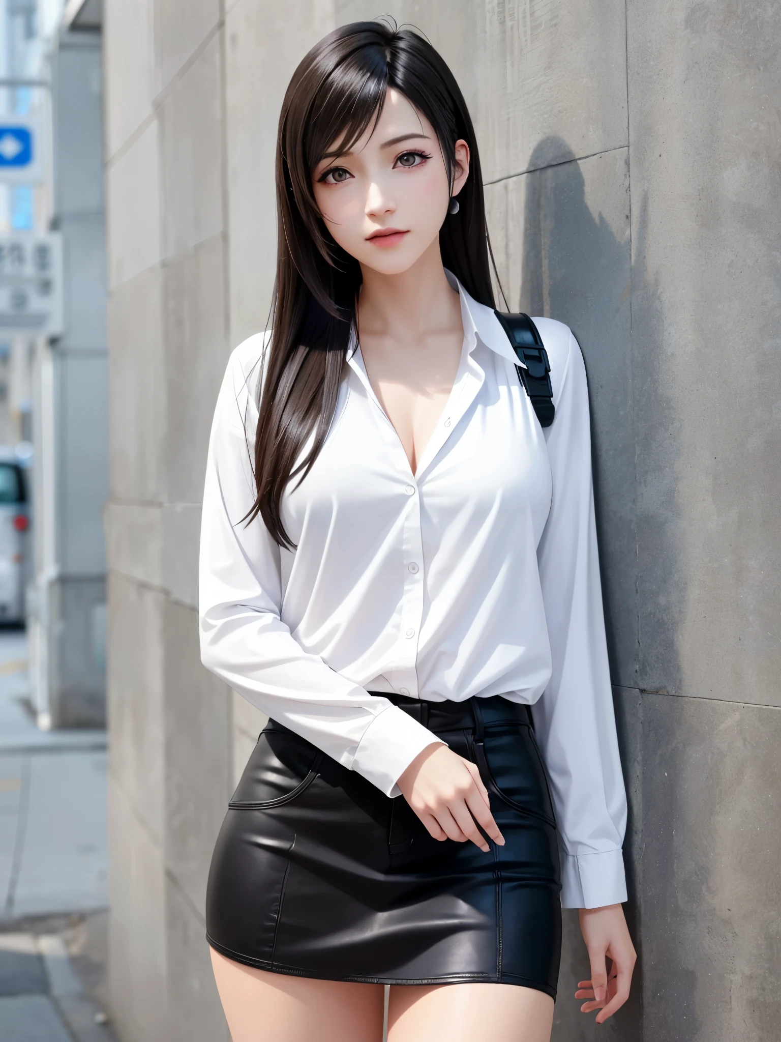 A woman in a white shirt and black skirt posing for a picture - SeaArt AI