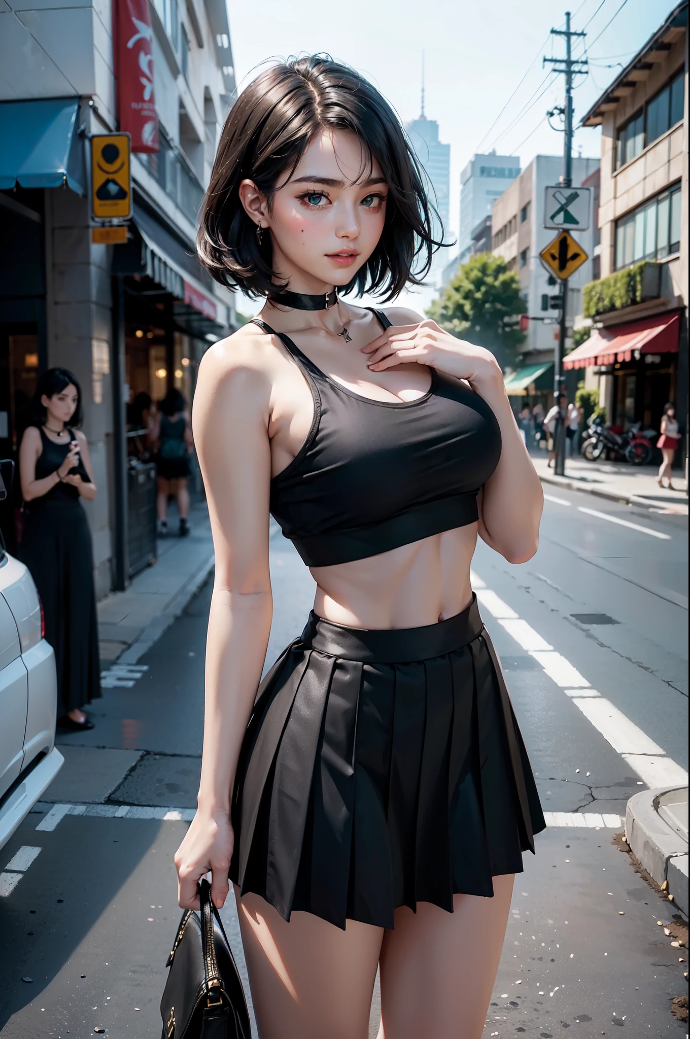 Arafed asian woman in a black top and skirt posing for a picture - SeaArt AI