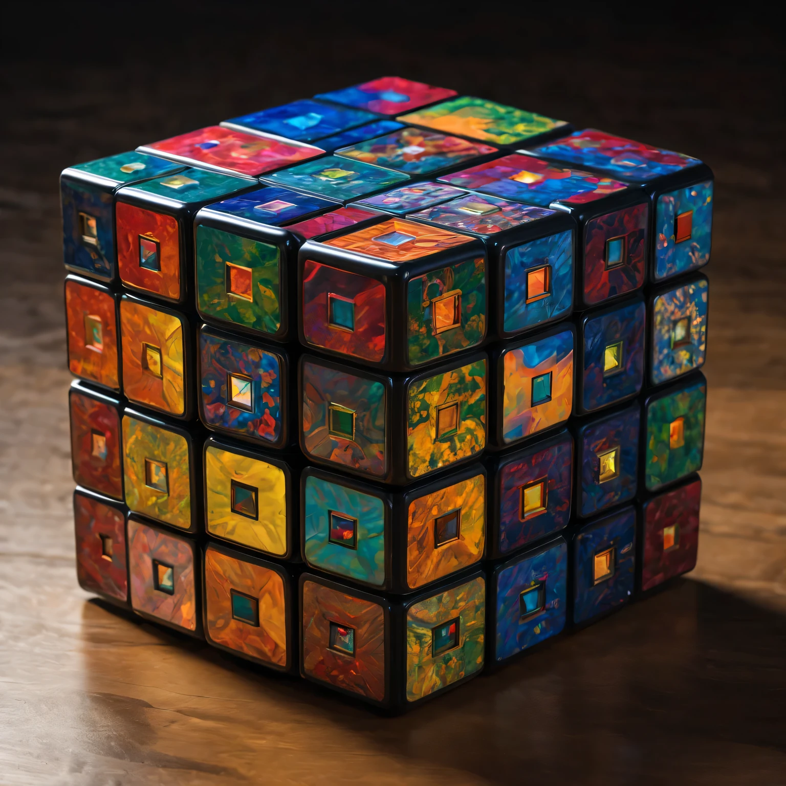 A close up of a colorful rubik cube on a wooden table - SeaArt AI