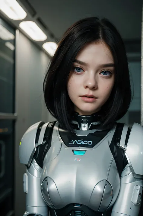 a close up of a woman wearing headphones and a futuristic suit, cyborg ...