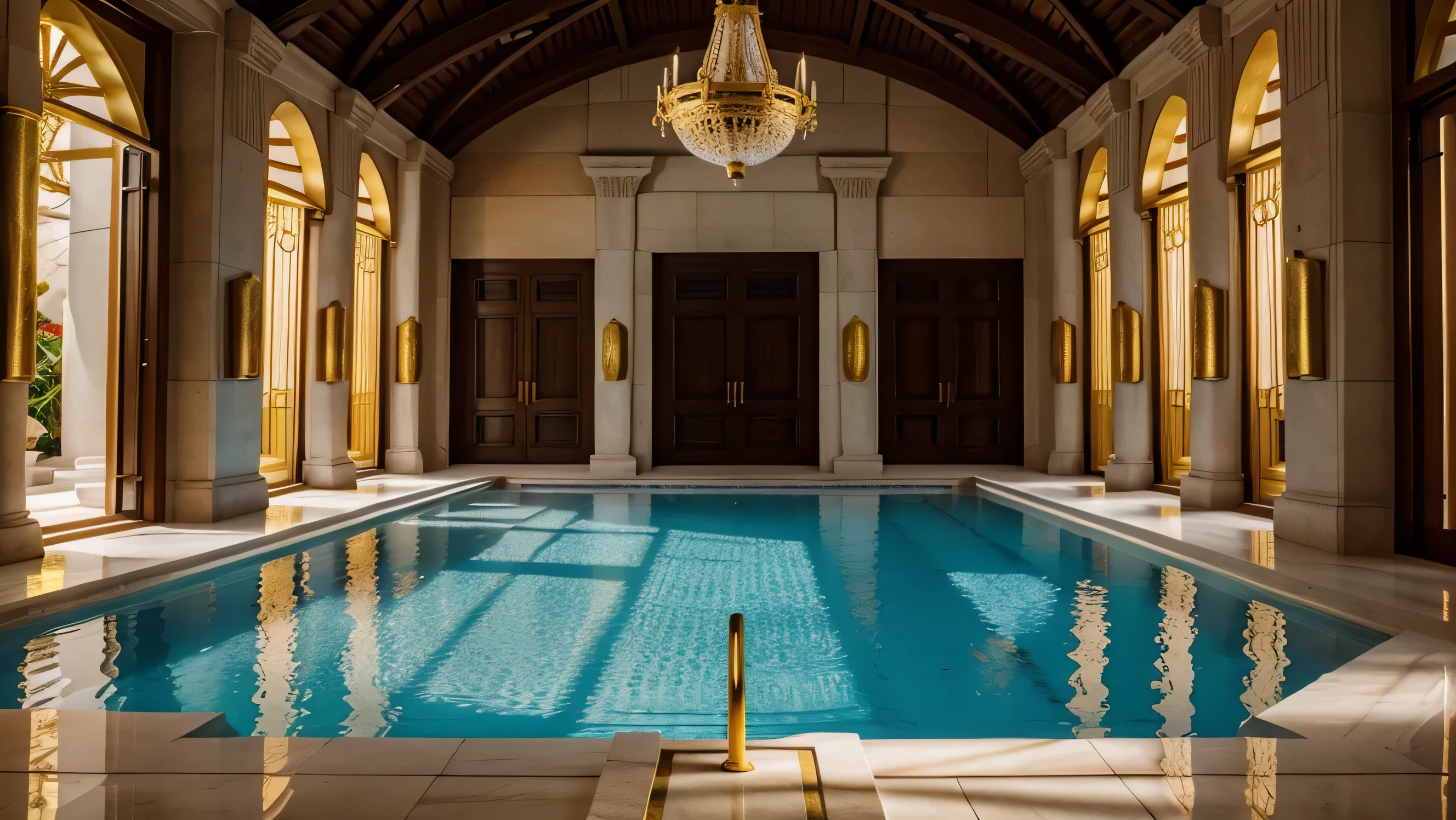 There is a pool in a building with a chandelier hanging from the ceiling - SeaArt AI