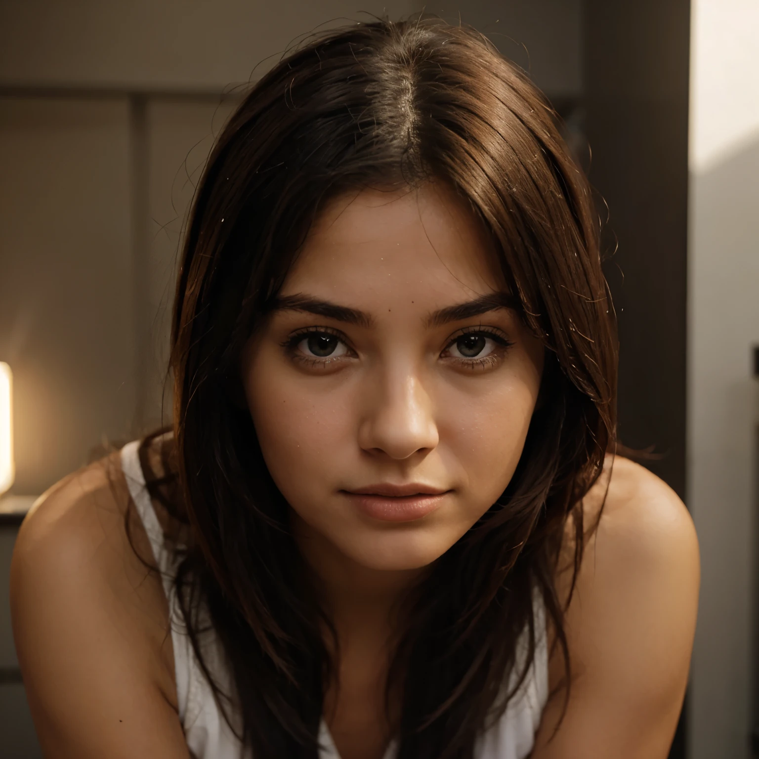 A close up of a woman with long hair and a white tank top - SeaArt AI