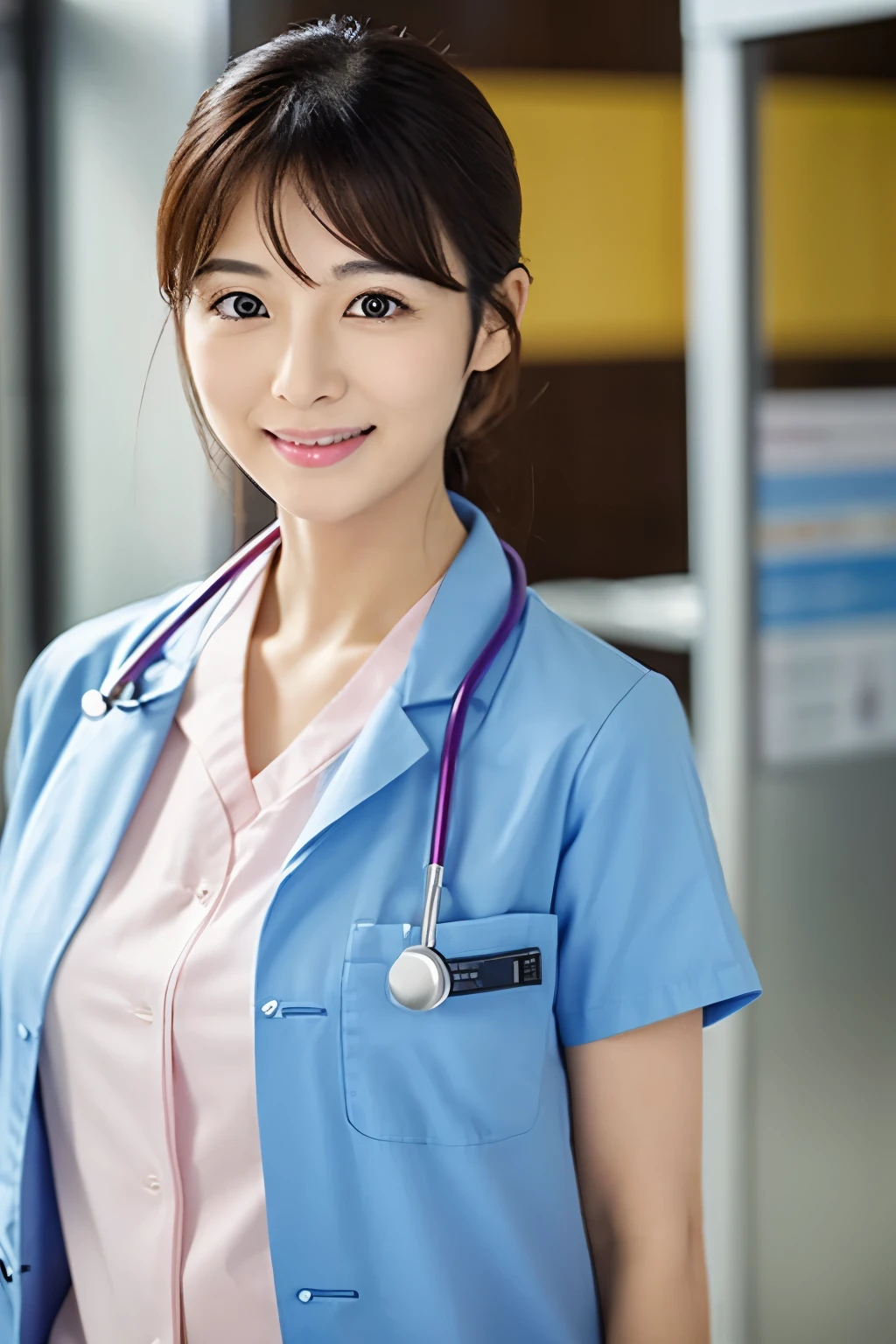 A close up of a woman in a blue scrub suit - SeaArt AI