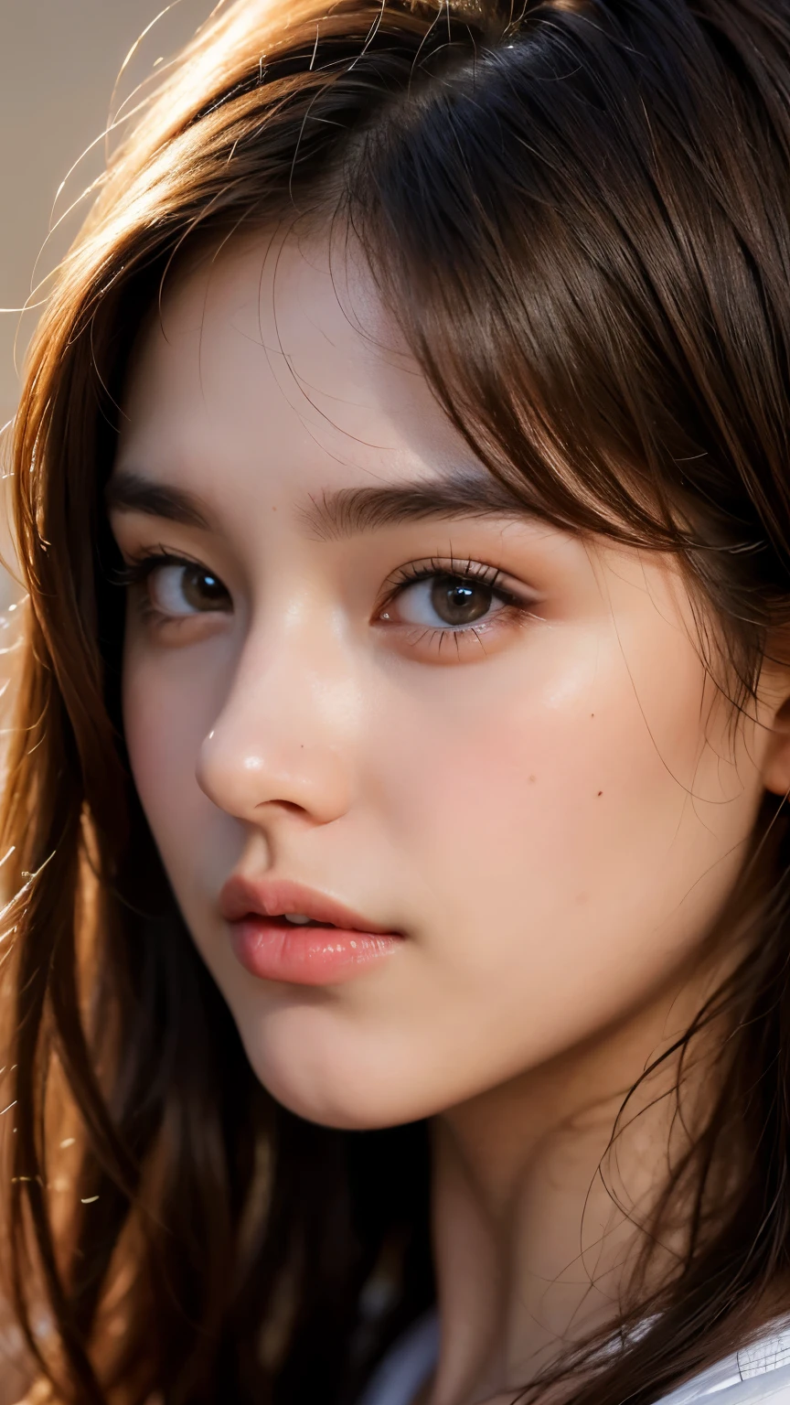 A close up of a woman with long hair and a white shirt - SeaArt AI