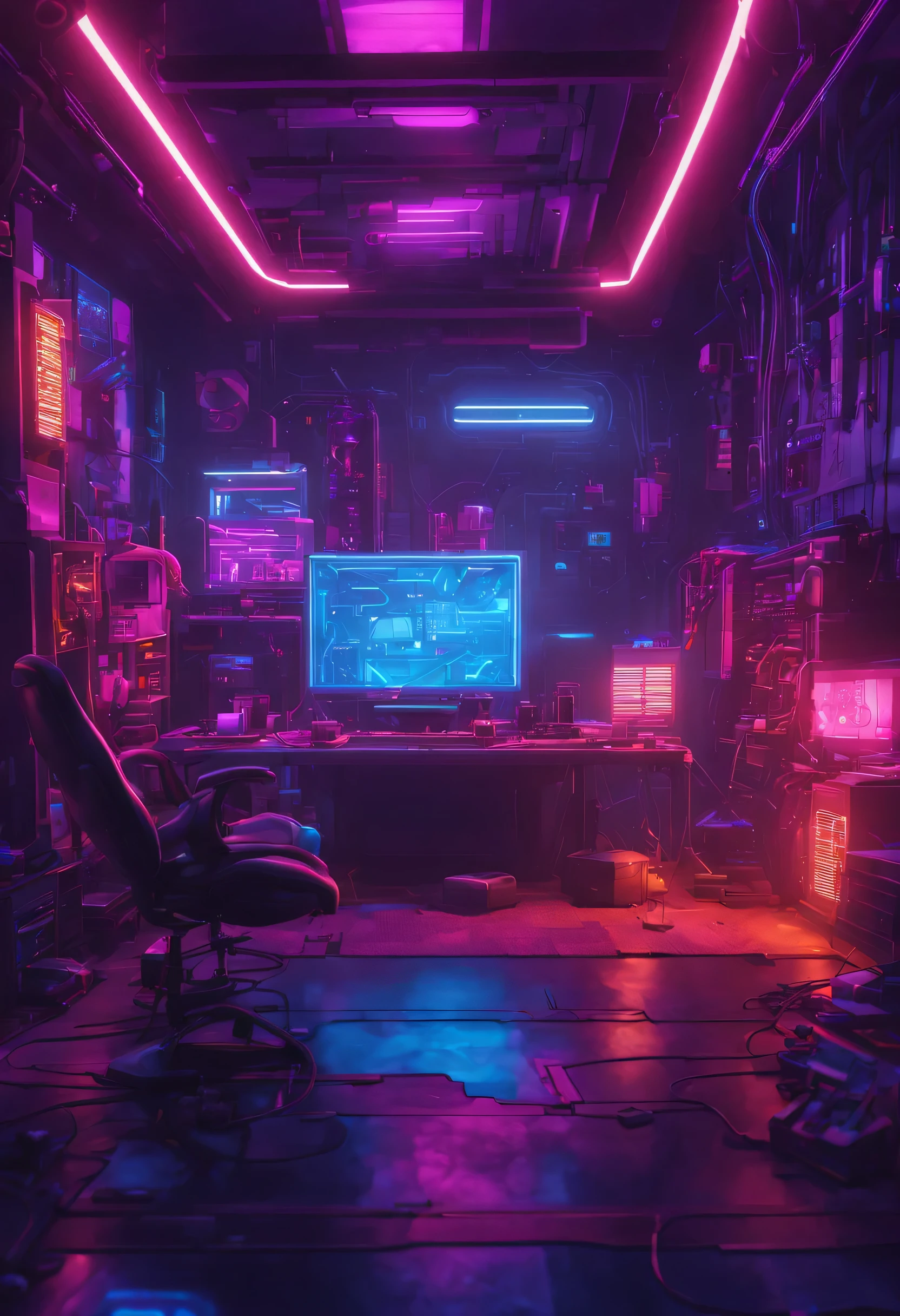Cyberpunk style cluttered room. More neon. Many machines of unknown use ...