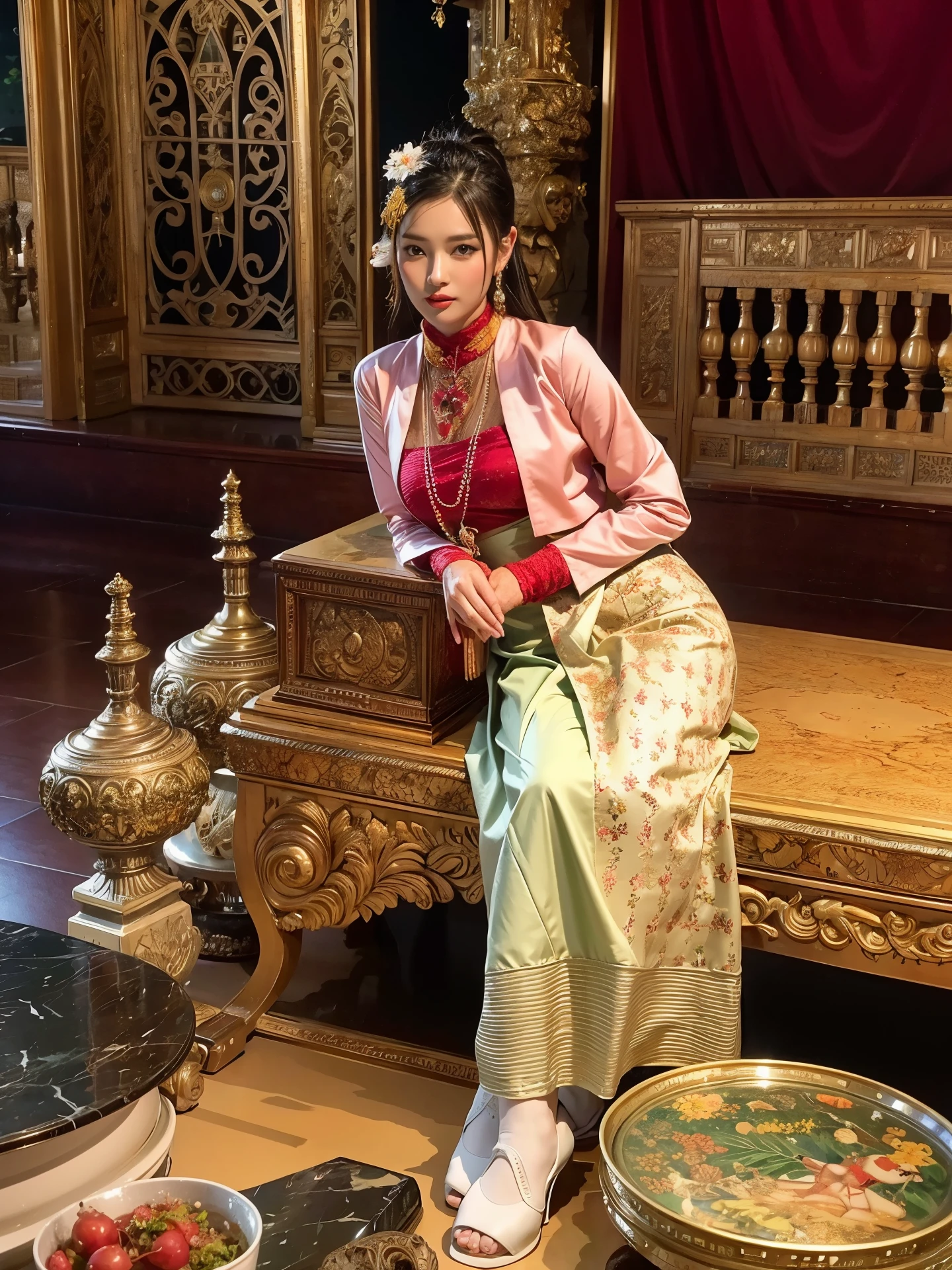 Arafed woman in a pink and green dress sitting on a bench - SeaArt AI