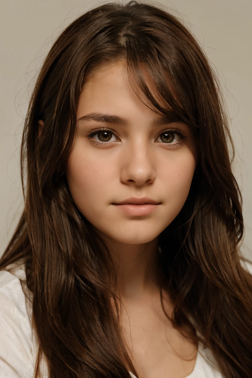 A close up of a young girl with long hair and a white shirt - SeaArt AI