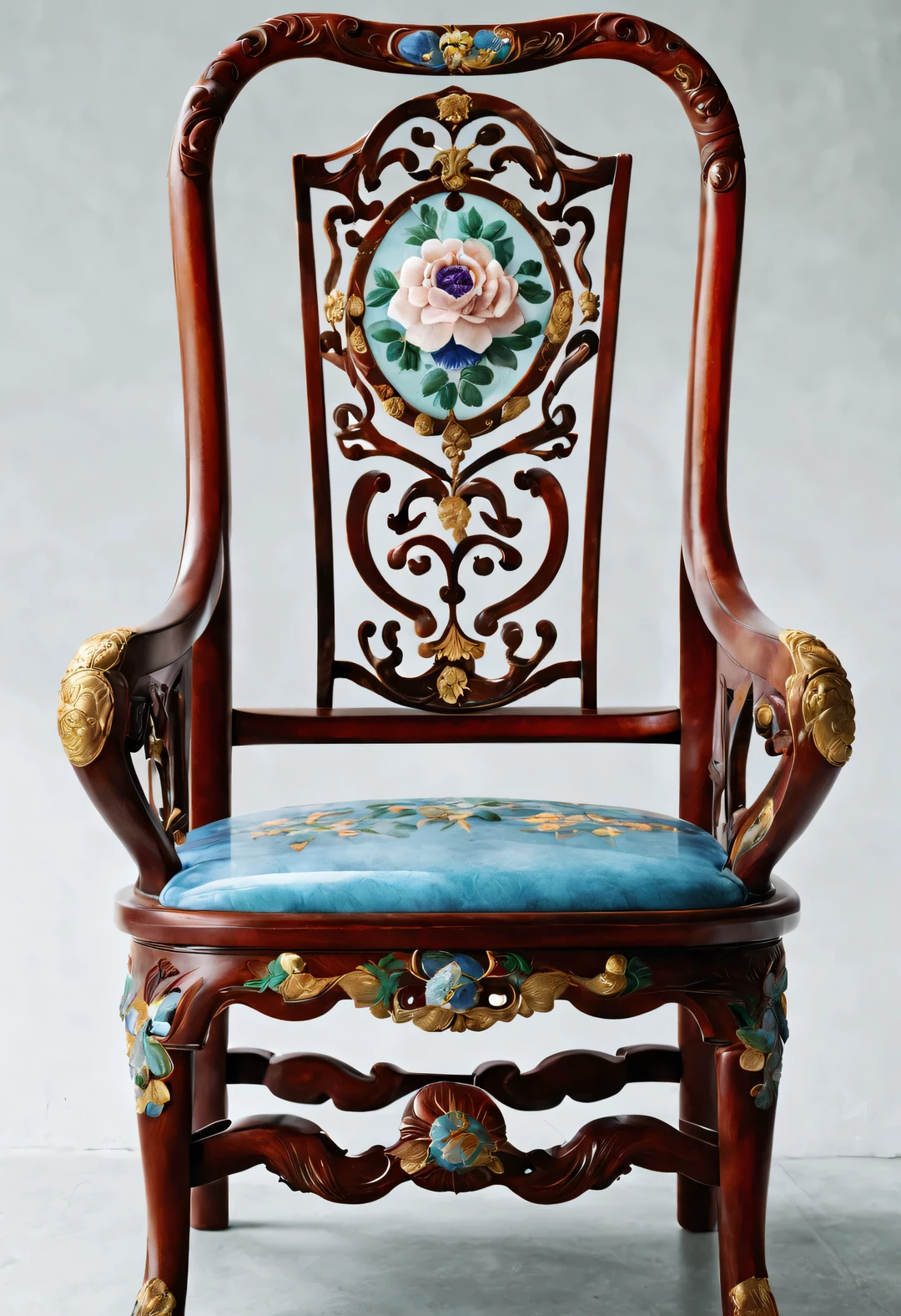A close up of a chair with a flower on the back - SeaArt AI