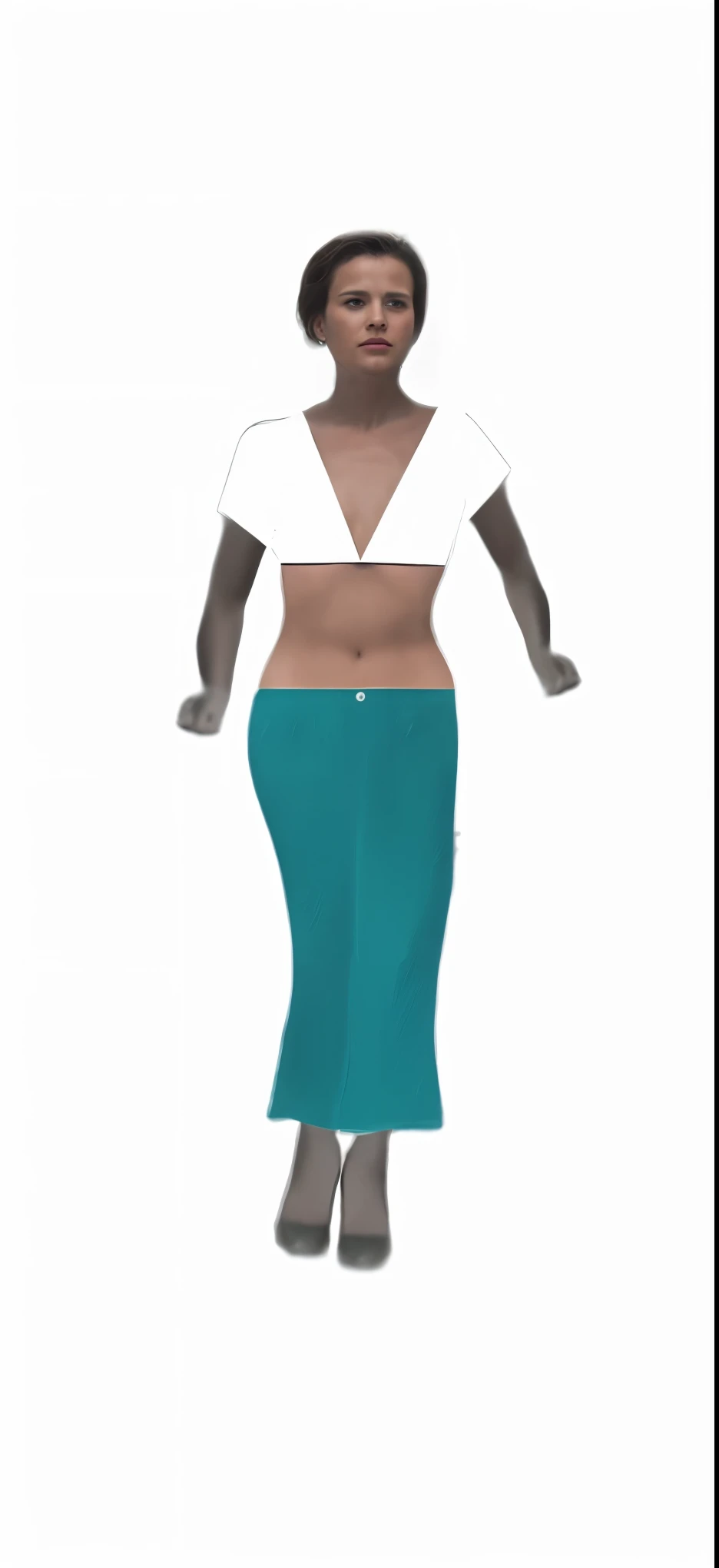 A woman in a skirt and top is standing in front of a white background - SeaArt AI
